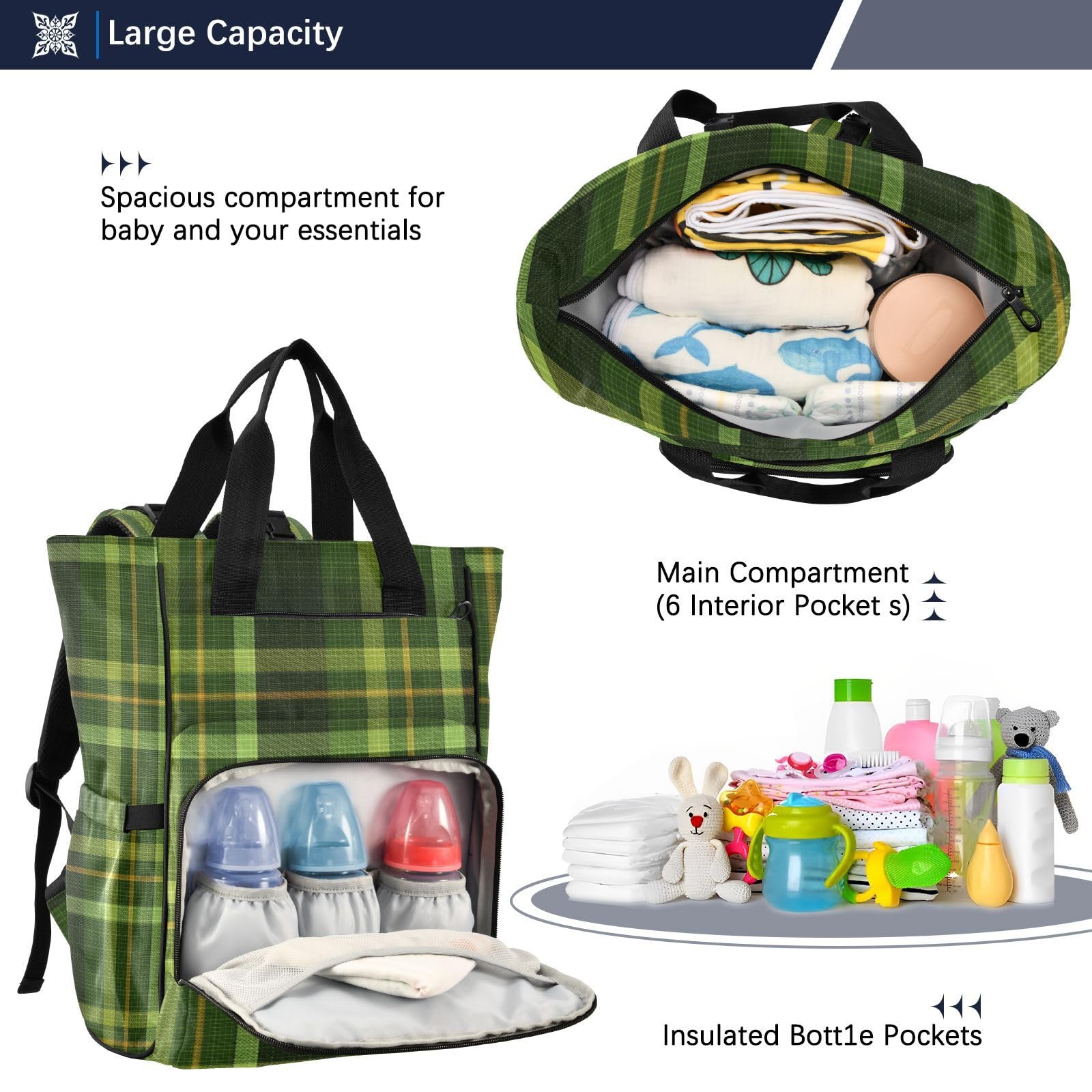 Jihqo Diaper Bag Backpack National Tartan Saint Patrick Travel Diaper Bags for Women, 10L Functional Baby Changing Bag with Insulted Pockets, Stroller Straps