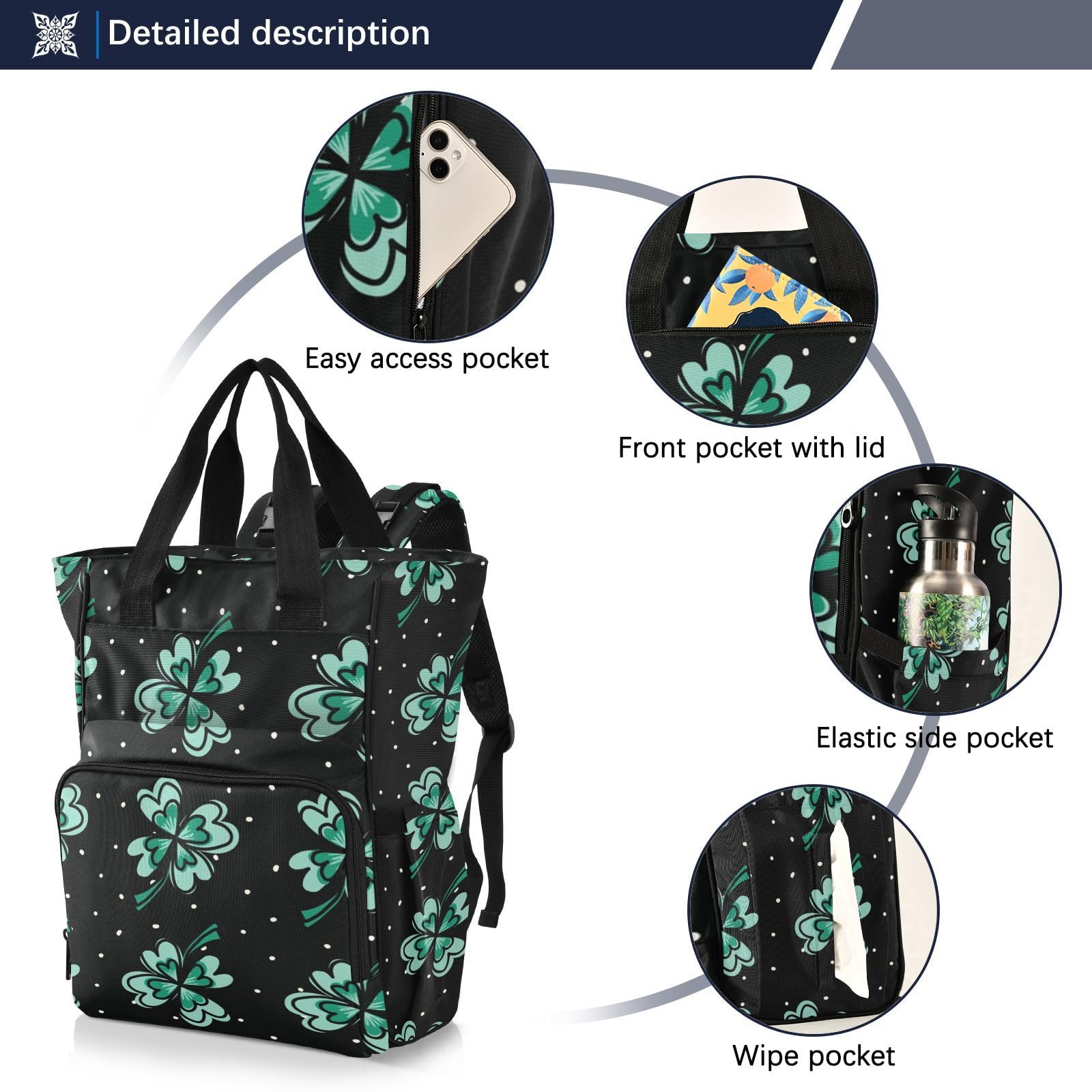 Jihqo Diaper Bag Backpack Cute Patricks Clover Travel Diaper Bags for Women, 10L Functional Baby Changing Bag with Insulted Pockets, Stroller Straps