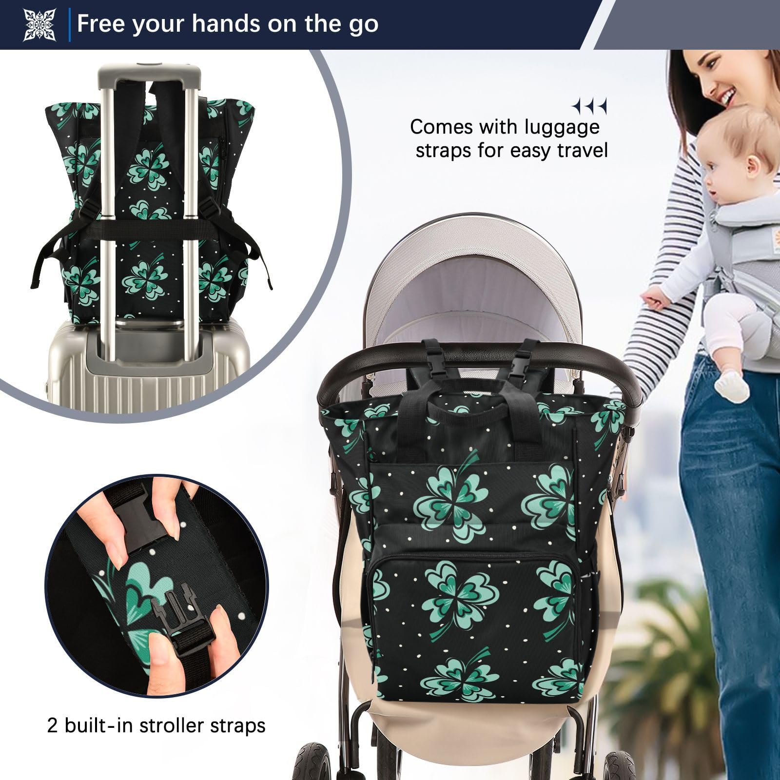 Jihqo Diaper Bag Backpack Cute Patricks Clover Travel Diaper Bags for Women, 10L Functional Baby Changing Bag with Insulted Pockets, Stroller Straps