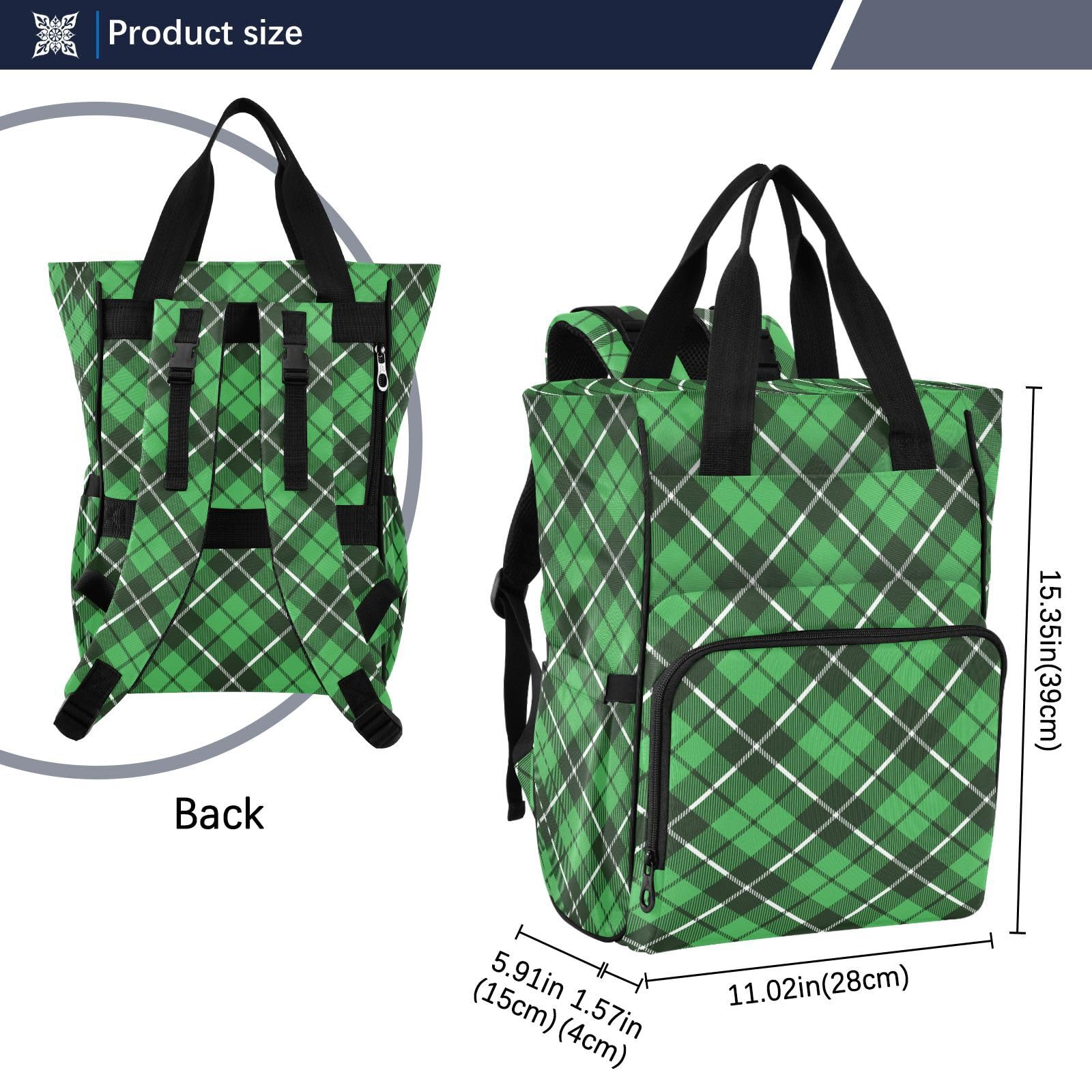 Jihqo Diaper Bag Backpack National Tartan Green Saint Patrick Travel Diaper Bags for Women, 10L Functional Baby Changing Bag with Insulted Pockets, Stroller Straps