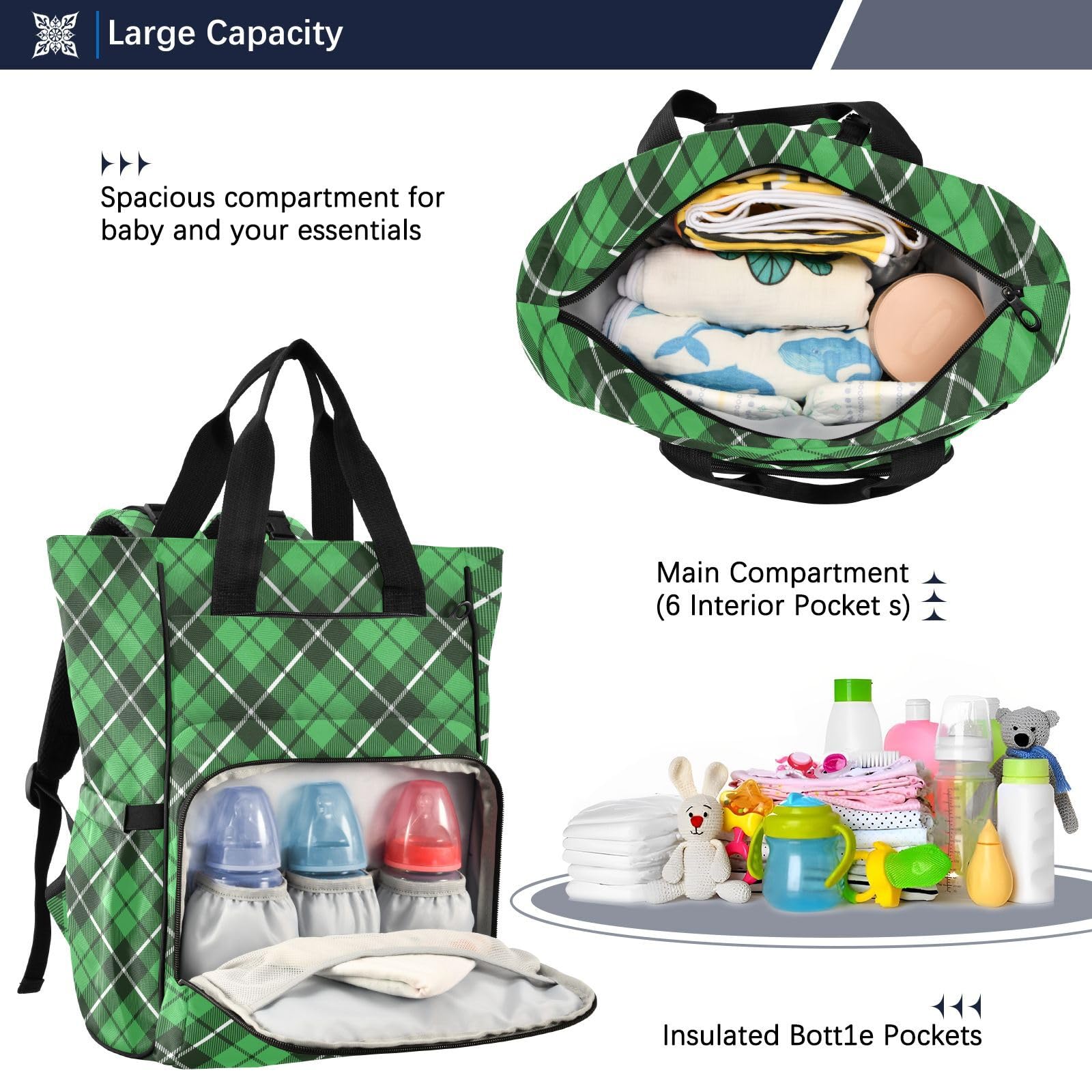 Jihqo Diaper Bag Backpack National Tartan Green Saint Patrick Travel Diaper Bags for Women, 10L Functional Baby Changing Bag with Insulted Pockets, Stroller Straps