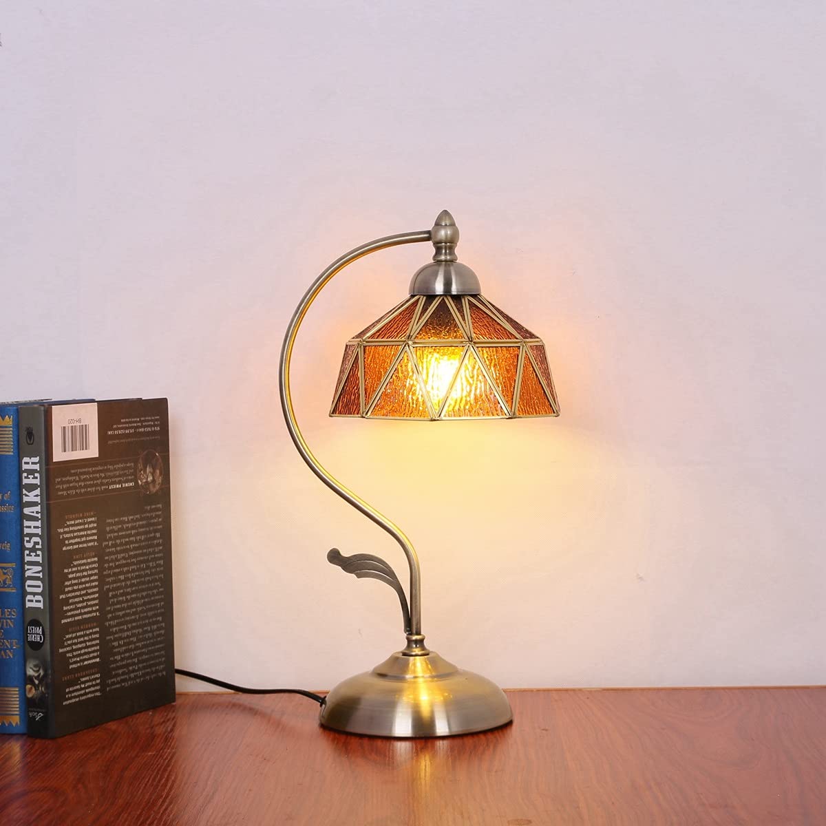 DOnhek Antique Reading Lamp Tiffany Style Classical Lamp Retro Bedside American Desktop Study Brass Decoration Personality Glass Table Lamp (Coffee Color)
