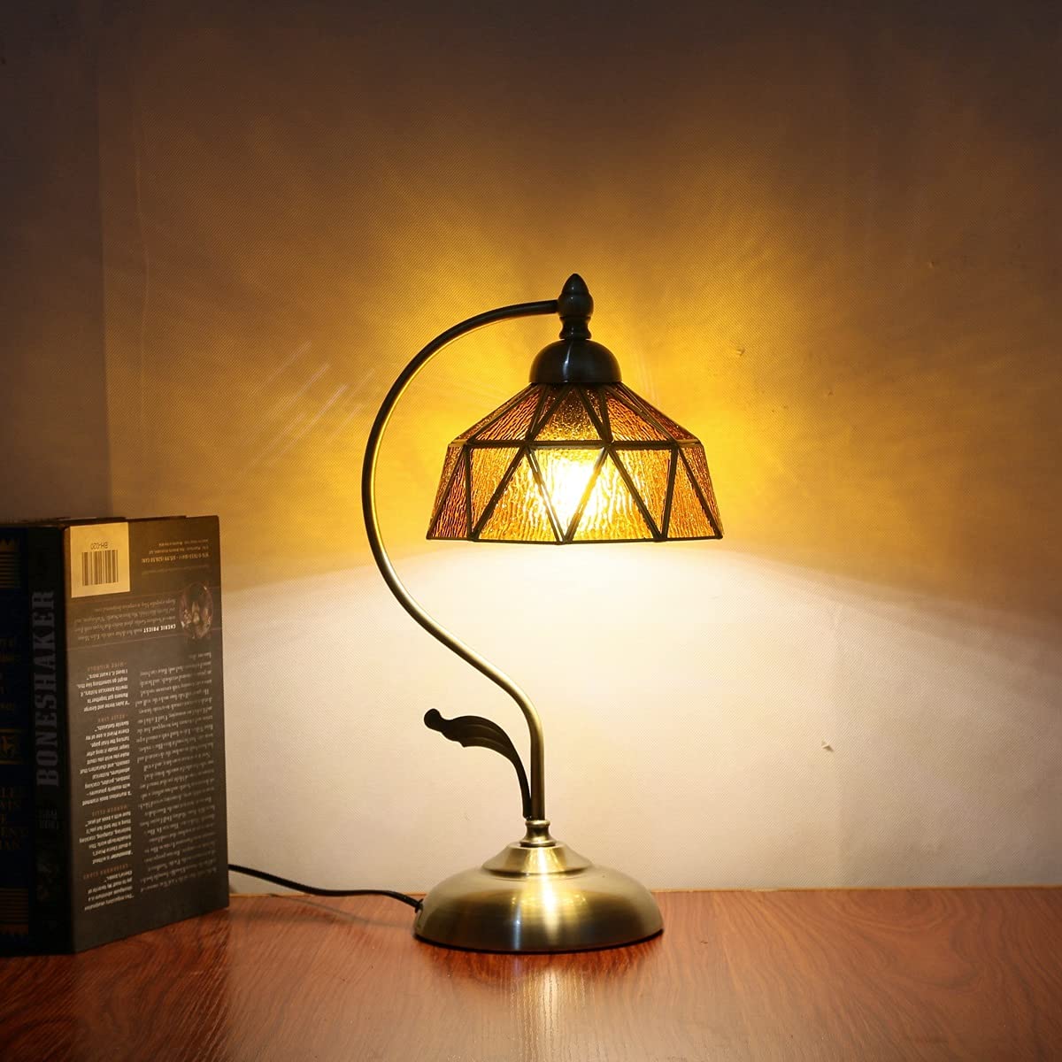 DOnhek Antique Reading Lamp Tiffany Style Classical Lamp Retro Bedside American Desktop Study Brass Decoration Personality Glass Table Lamp (Coffee Color)