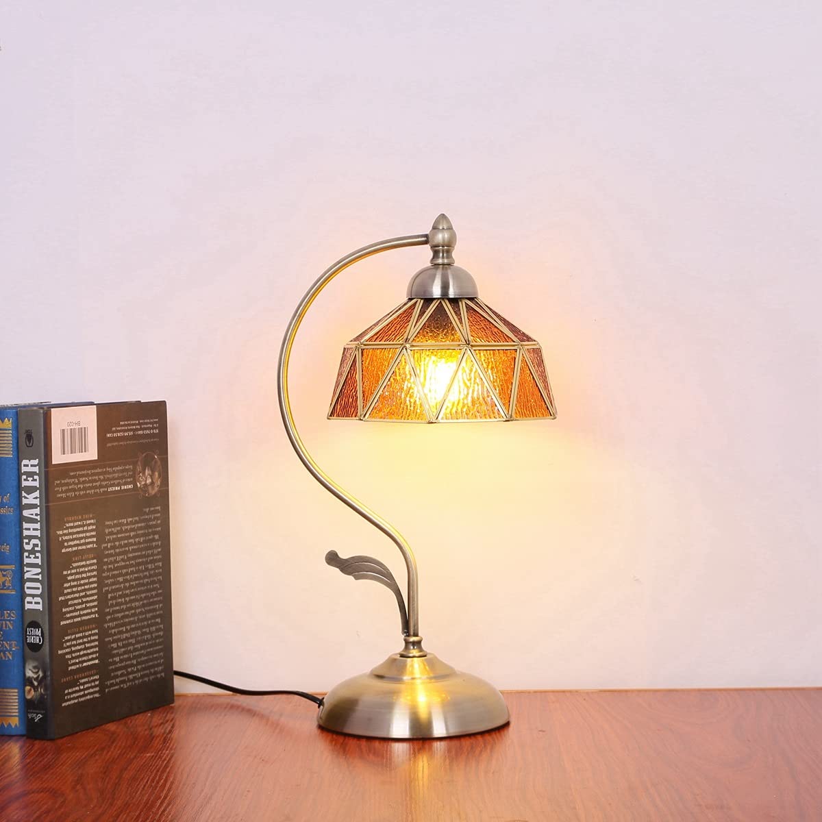 DOnhek Antique Reading Lamp Tiffany Style Classical Lamp Retro Bedside American Desktop Study Brass Decoration Personality Glass Table Lamp (Coffee Color)