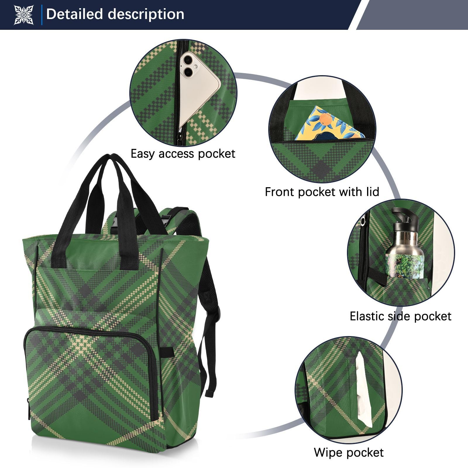Jihqo Diaper Bag Backpack National Tartan Saint Patrick Day Travel Diaper Bags for Women, 10L Functional Baby Changing Bag with Insulted Pockets, Stroller Straps