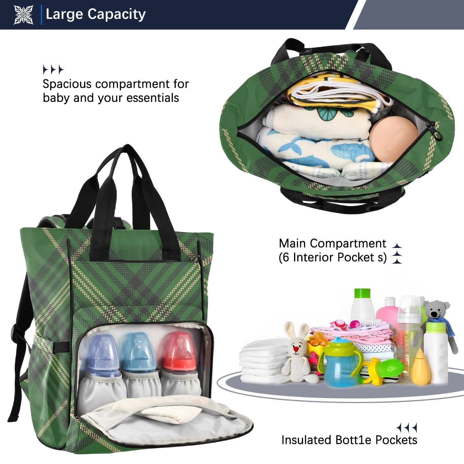 Jihqo Diaper Bag Backpack National Tartan Saint Patrick Day Travel Diaper Bags for Women, 10L Functional Baby Changing Bag with Insulted Pockets, Stroller Straps
