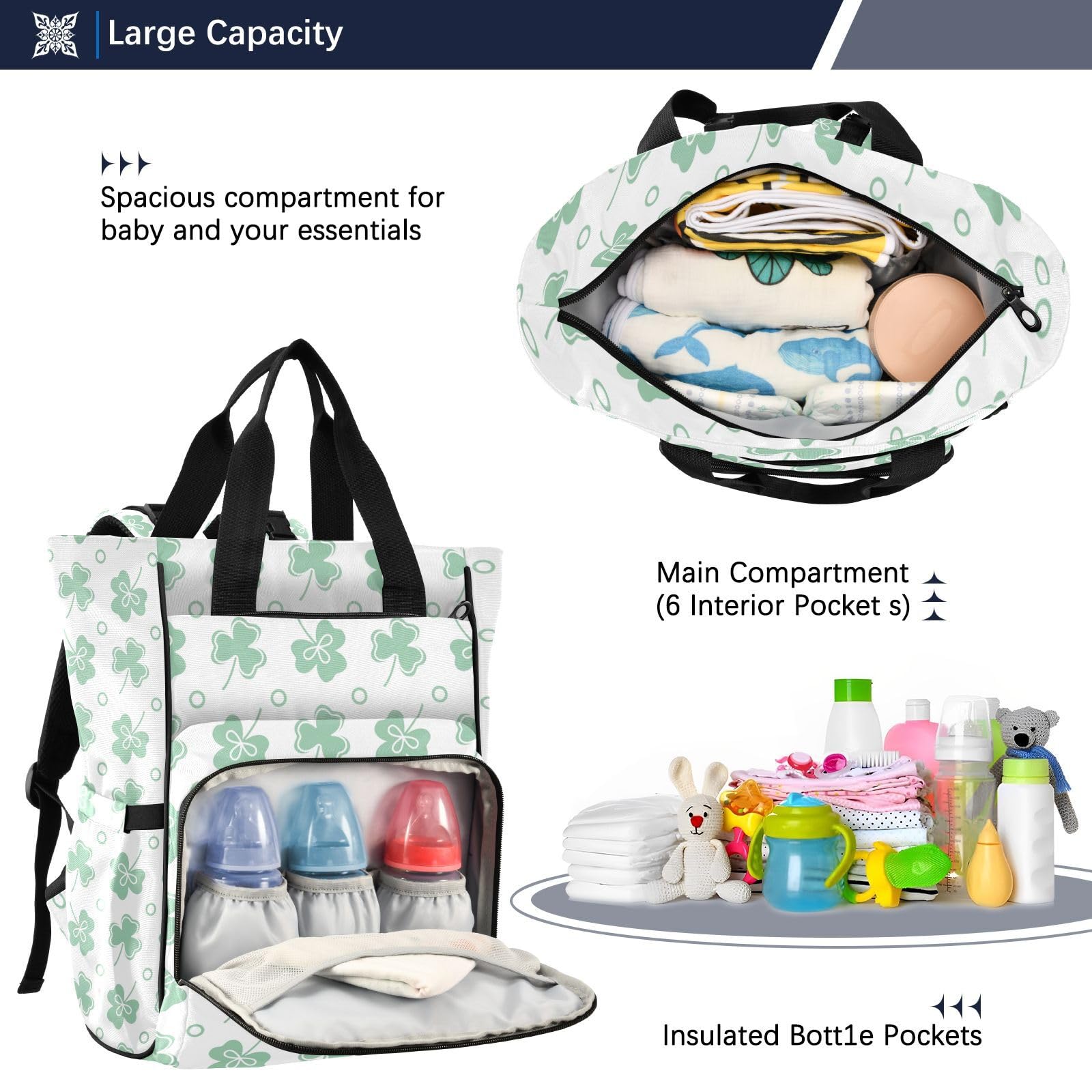 Jihqo Diaper Bag Backpack Saint Patrick's Day Clover Travel Diaper Bags for Women, 10L Functional Baby Changing Bag with Insulted Pockets, Stroller Straps