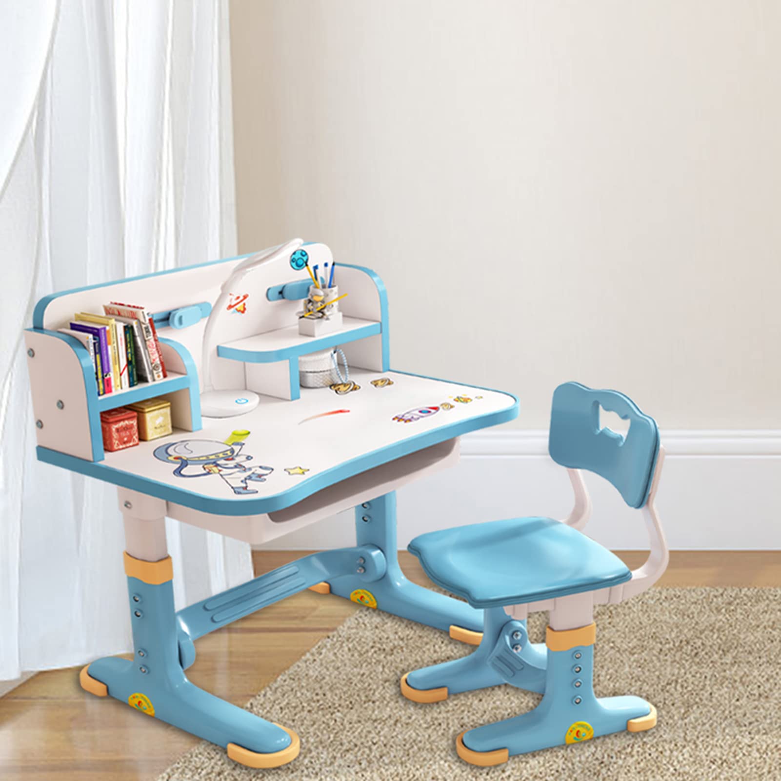 HEVIRGO Children Learning Desk and Chair Set Learning Desk Height Adjustable with Drawer Wide Desktop Cartoon Pattern Table and Chair Set Suitable for Reading, Learning, Writing, Painting, Etc Blue