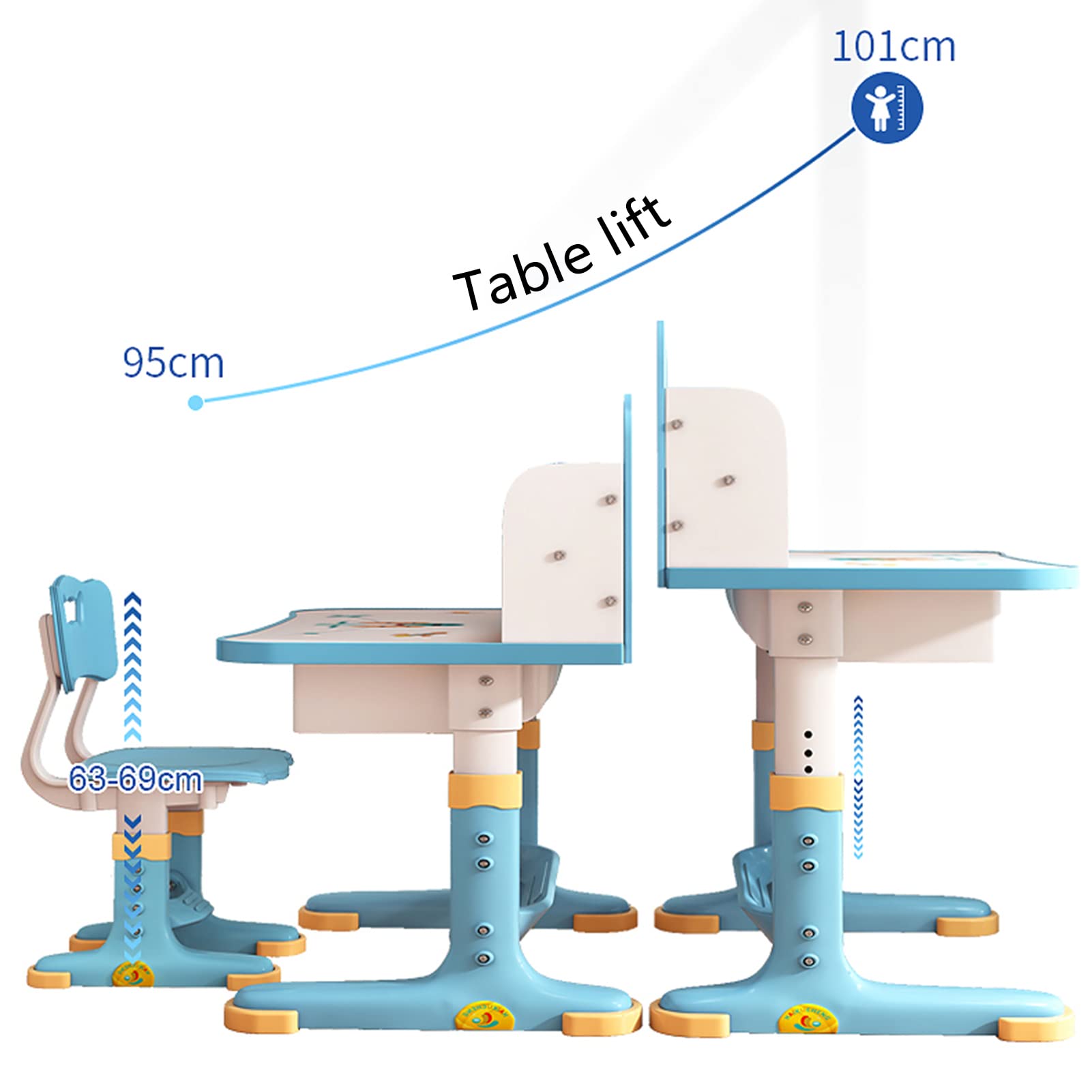 HEVIRGO Children Learning Desk and Chair Set Learning Desk Height Adjustable with Drawer Wide Desktop Cartoon Pattern Table and Chair Set Suitable for Reading, Learning, Writing, Painting, Etc Blue