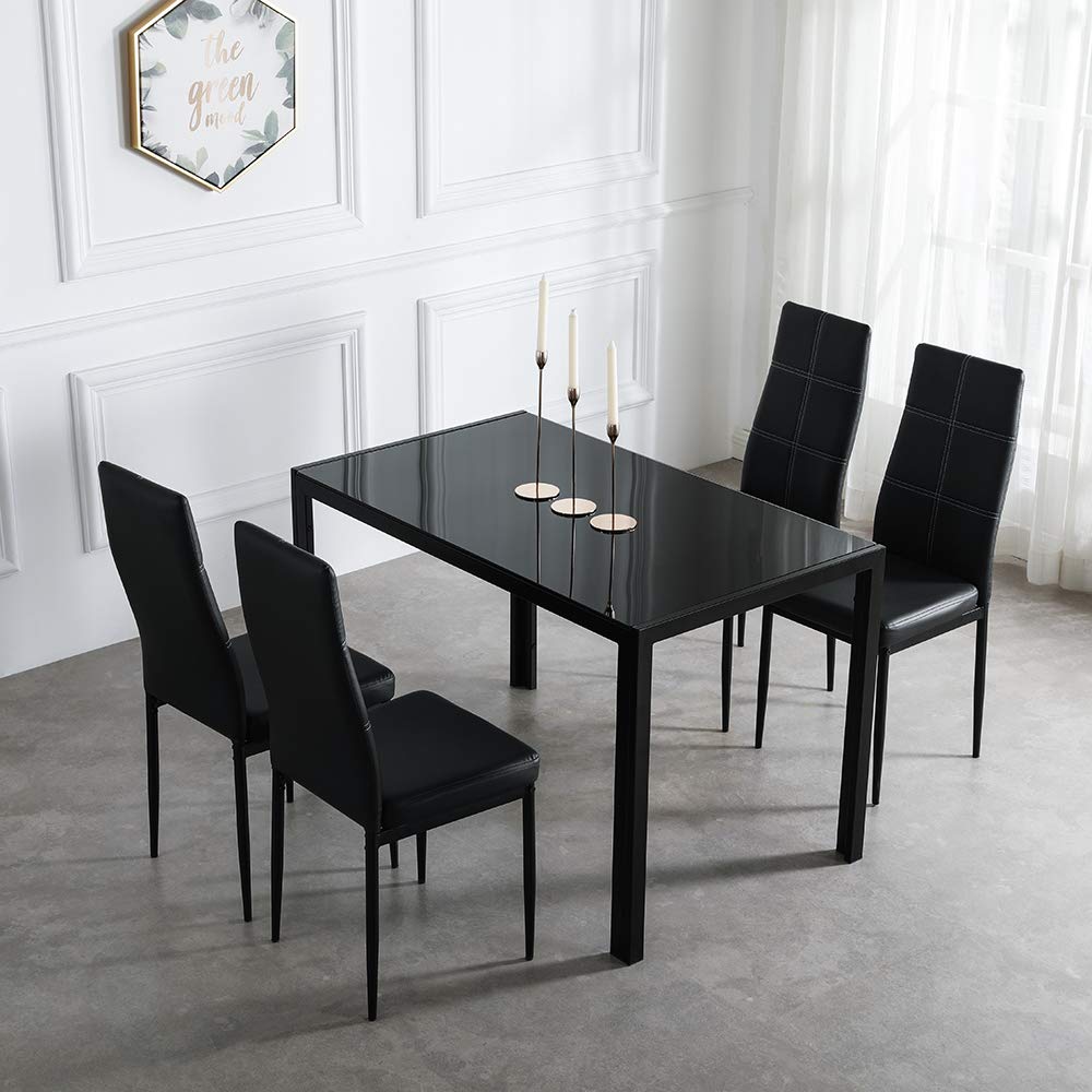 XMLYEC 4pcs Elegant Dining Chairs with 6 Grids Decoration Backrest White Cushion Black,Set of 4 Dining Chairs