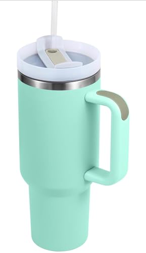 40 OZ INSULATED QUENCHER TUMBLER WITH HANDLE AND STRAW, DOUBLE WALL STAINLESS STEEL WITH 3-IN-1 LID, 100% LEAK-PROOF THERMOS, WATER BOTTLE, TRAVEL COFFEE MUG FOR CAR CUP HOLDER (OCEAN MINT)