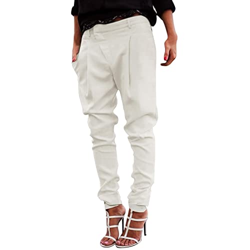 Women Pants Button Overalls Elastic Waist Hiking Pants Casual Skinny Trousers with Pockets Relaxed Slim Travel Pajamas Silk Streetwear Long Activewear Pants Pants/pj Capri Solid Color B87-White