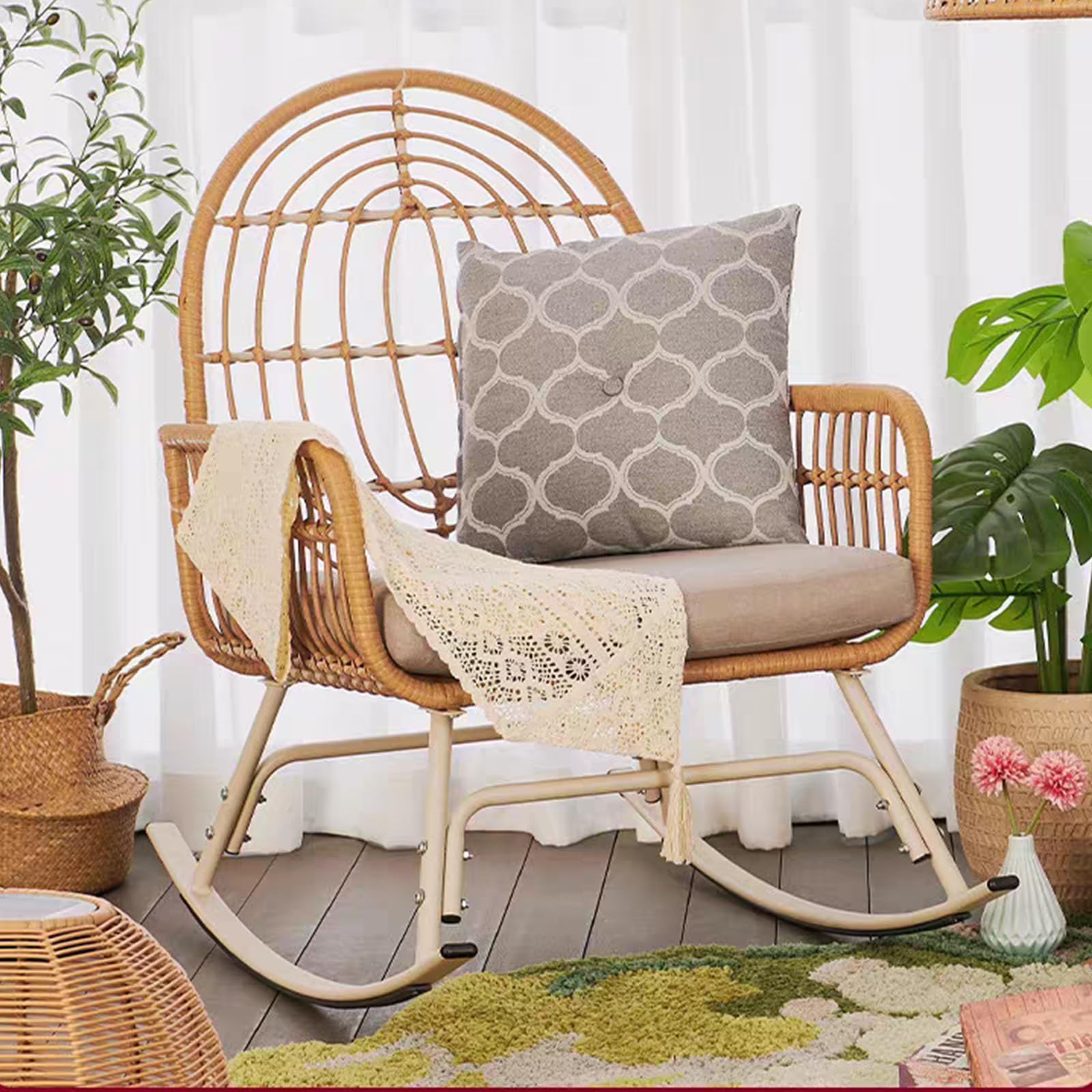 Upholstered High-Back Glider Chair,Patio Rattan Rocker Chair with Cushions & Steel Frame, All-Weather Rocking Lawn Wicker Furniture for Garden Backyard Porch(91*61.5*95cm/35.8*24.2*37.4in)