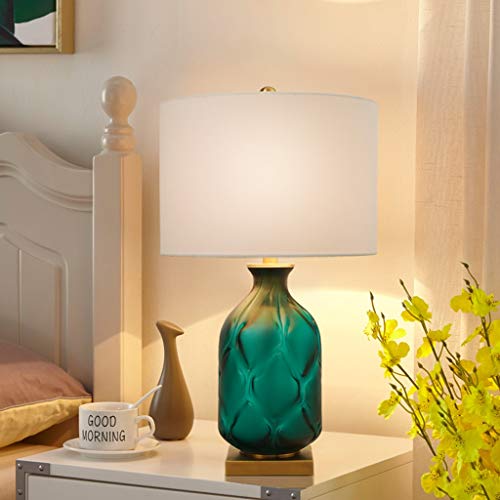 VejiA Bedside Lamps, Glass Desk Lamp, Square Copper Base Warm Light Cloth Lampshade Reading Lamp Study Office Library Desktop Decorative Lights E27 Reading Lamp/Green/35 * 35 * 62C