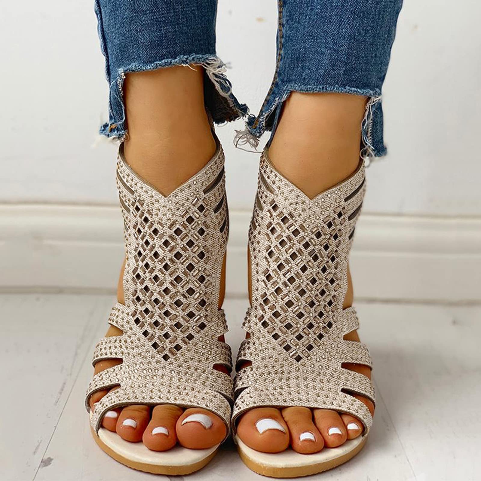 Wedge Sandal for Women Ankle Strap Flatform Arch Support Fish Mouth Toe Retro Platform Shoes Non-Slip Breathable Cushion Wide Sparkle Sparkly Glitter Hollowed out Back Zipper Rhinestone H32-Beige