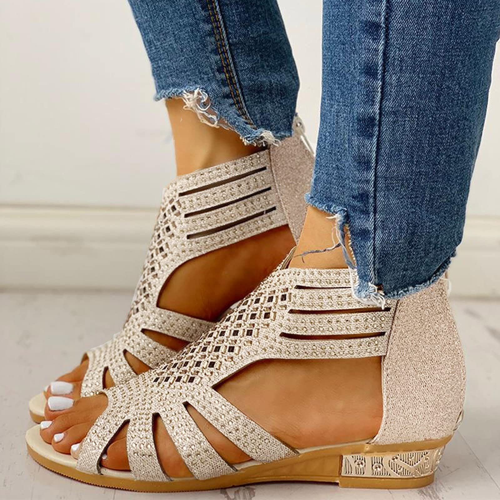 Wedge Sandal for Women Ankle Strap Flatform Arch Support Fish Mouth Toe Retro Platform Shoes Non-Slip Breathable Cushion Wide Sparkle Sparkly Glitter Hollowed out Back Zipper Rhinestone H32-Beige