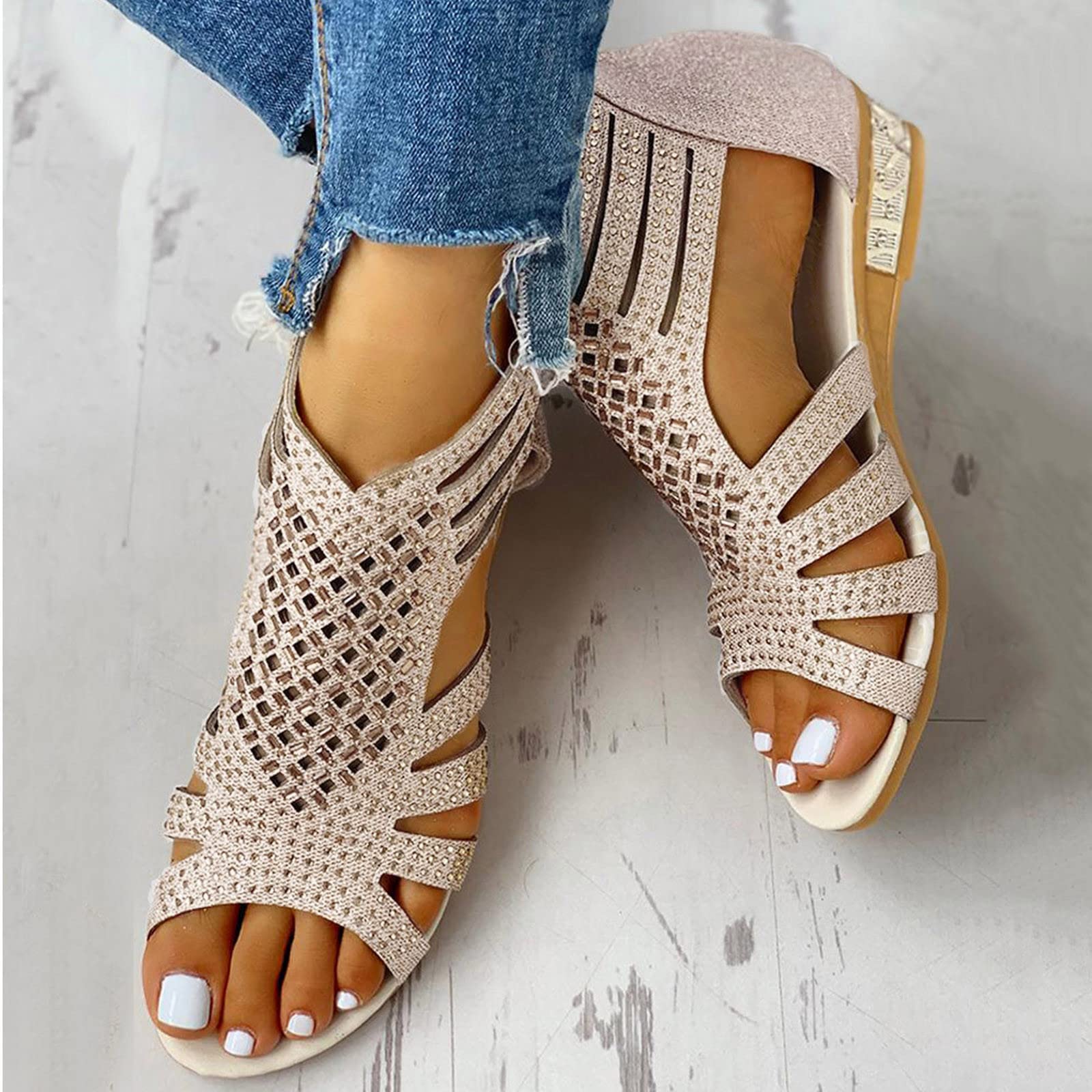 Wedge Sandal for Women Ankle Strap Flatform Arch Support Fish Mouth Toe Retro Platform Shoes Non-Slip Breathable Cushion Wide Sparkle Sparkly Glitter Hollowed out Back Zipper Rhinestone H32-Beige