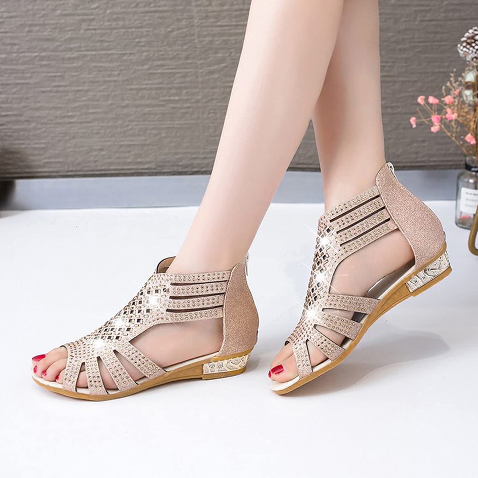 Wedge Sandal for Women Ankle Strap Flatform Arch Support Fish Mouth Toe Retro Platform Shoes Non-Slip Breathable Cushion Wide Sparkle Sparkly Glitter Hollowed out Back Zipper Rhinestone H32-Beige