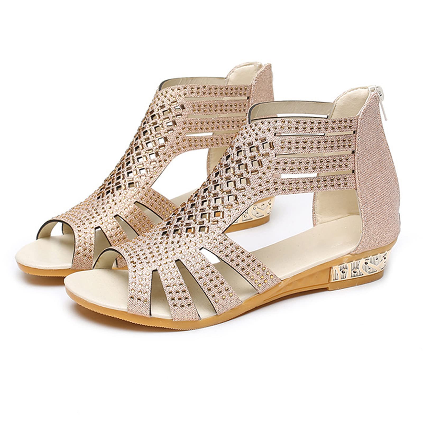 Wedge Sandal for Women Ankle Strap Flatform Arch Support Fish Mouth Toe Retro Platform Shoes Non-Slip Breathable Cushion Wide Sparkle Sparkly Glitter Hollowed out Back Zipper Rhinestone H32-Beige