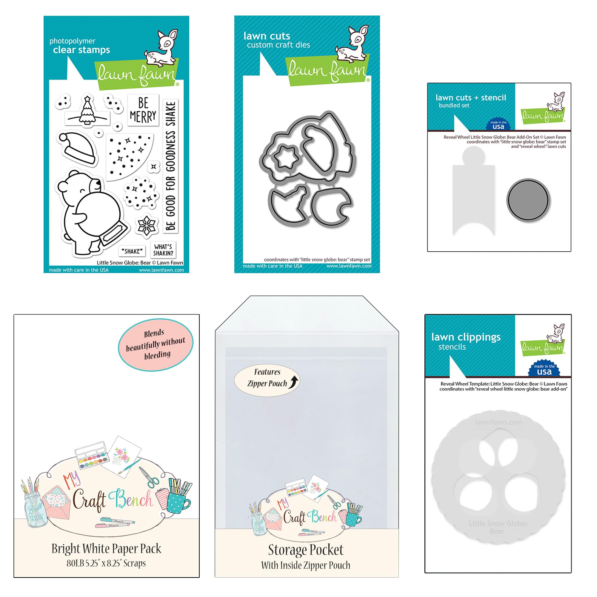 Lawn Fawn Little Snow Globe Bear, Add-On Dies & Template Stamp & Die Set Bundle with My Craft Bench Secure Storage Pocket & 80 LB Cardstock -Bundle of 6 Items