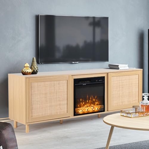 VINGLI Fireplace TV Stand for TVs Up to 75 inch, Rattan TV Stand with Electric Fireplace, Boho Modern Entertainment Center (70" x 24" x 14‘’, Oak, Comes in 2 Boxes)