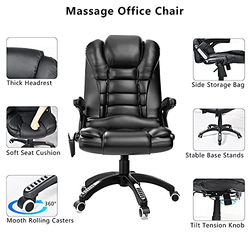 Leather Executive Massage Office Chair with 6 Pointed Vibrating, Heated Ergonomic Home Office Gaming Chair with Adjustable Height and Wheels, Big and Tall Office Chair for Adults, Black