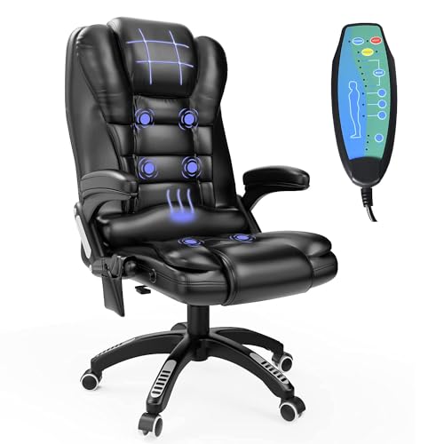 Leather Executive Massage Office Chair with 6 Pointed Vibrating, Heated Ergonomic Home Office Gaming Chair with Adjustable Height and Wheels, Big and Tall Office Chair for Adults, Black