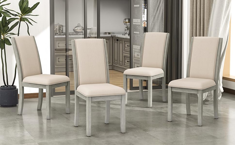 Penifun Set of 4, Full Back Set with Upholstered, Farmhouse Dining Chairs with Solid Wood Frame and Legs,Gray+Cushion Beige