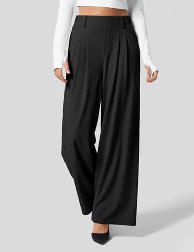 Ugerlov Womens Waffle Wide Leg Pants High Waisted Business Casual Pants Flowy Palazzo Trousers with Pockets, Black XL