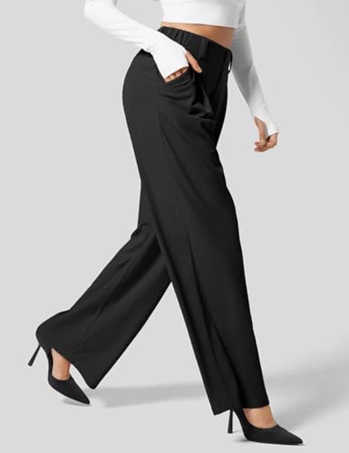 Ugerlov Womens Waffle Wide Leg Pants High Waisted Business Casual Pants Flowy Palazzo Trousers with Pockets, Black XL