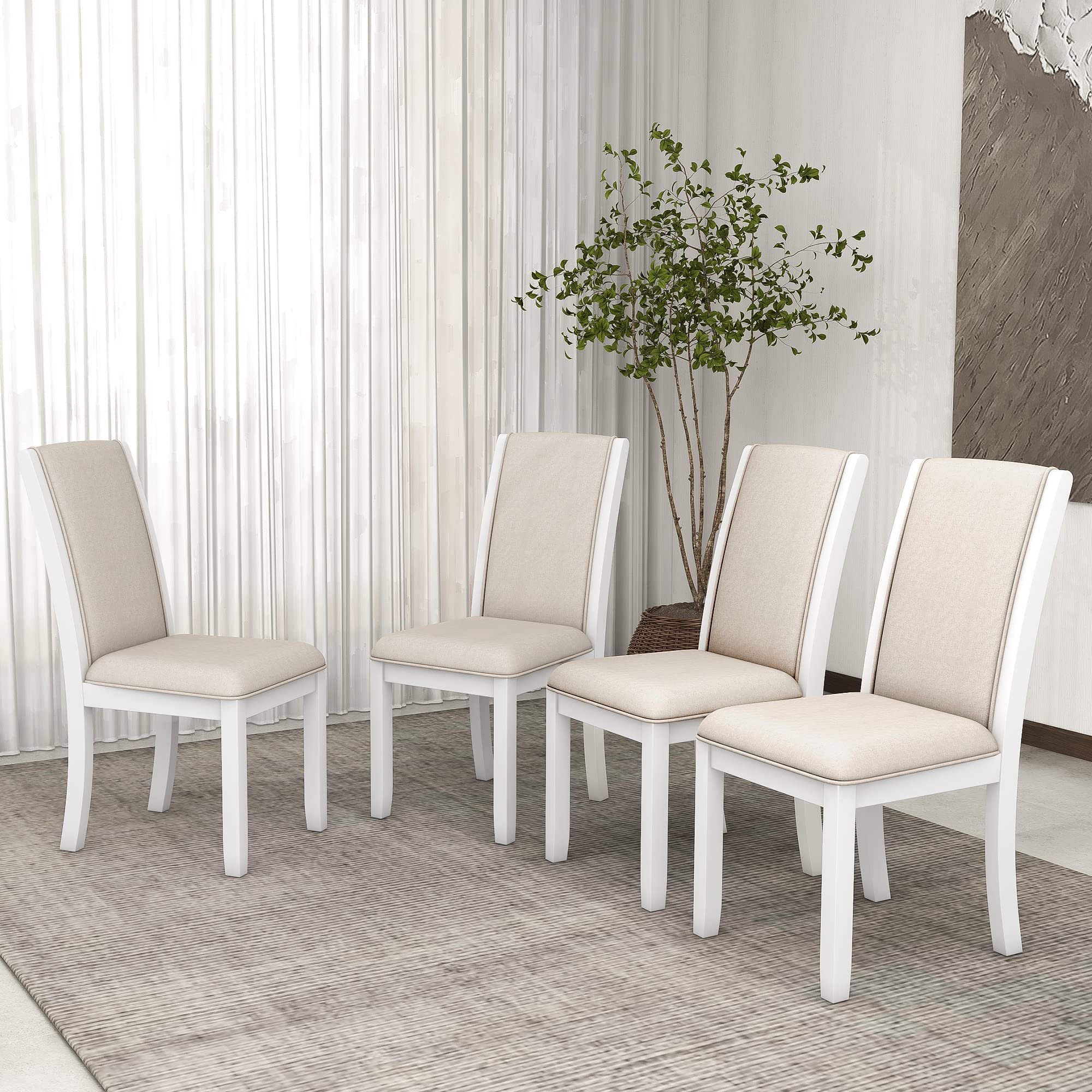 Penifun Set of 4, Full Back Set with Upholstered, Farmhouse Dining Chairs with Solid Wood Frame and Legs,White+Cushion Beige