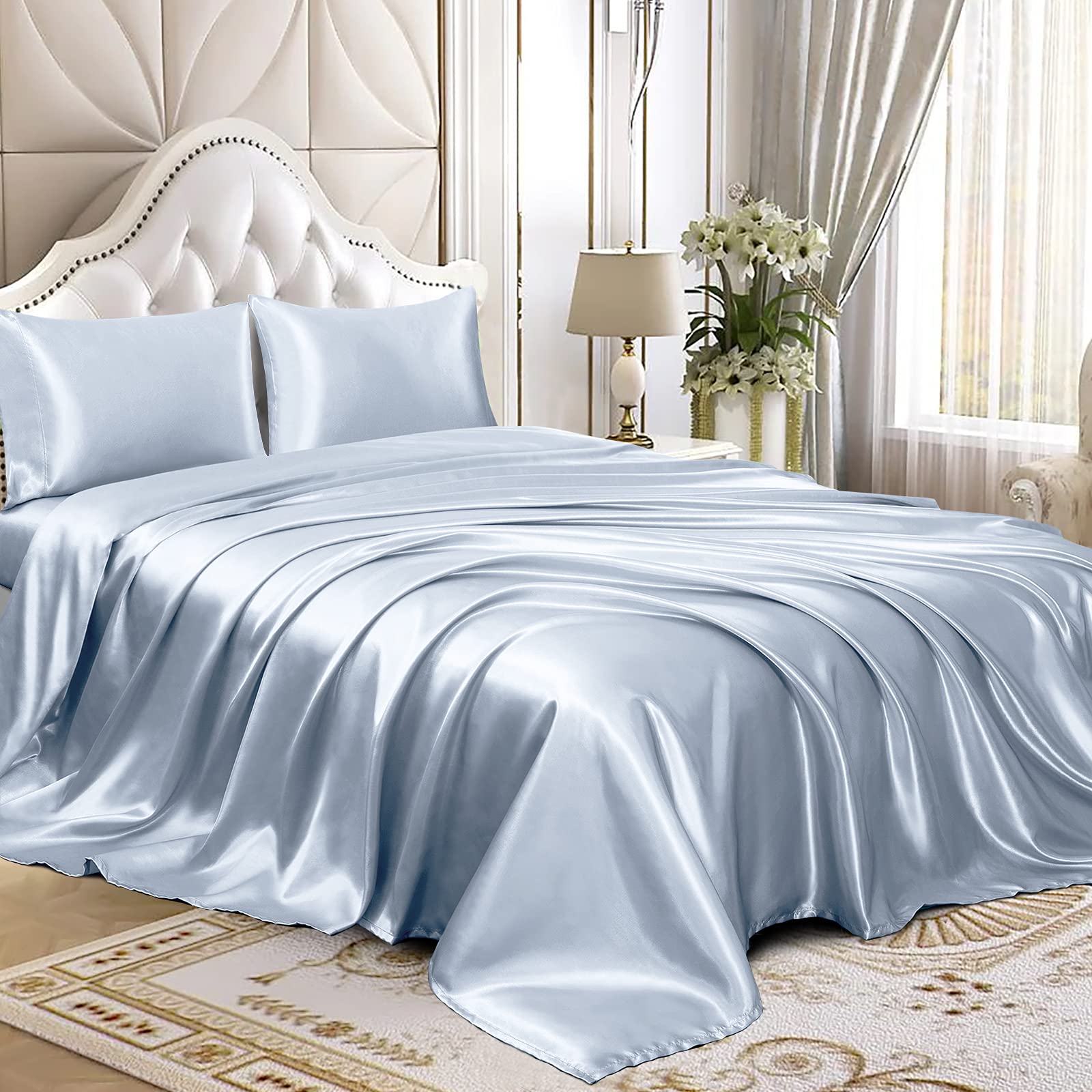 4 Piece Satin Sheet Set Bedding Set Full Size Bedding Set 4 Piece Baby Blue Durable & Soft (Flat Sheet + Fitted 15'' + 2 Pillowcases) Bedding Satin Sheets