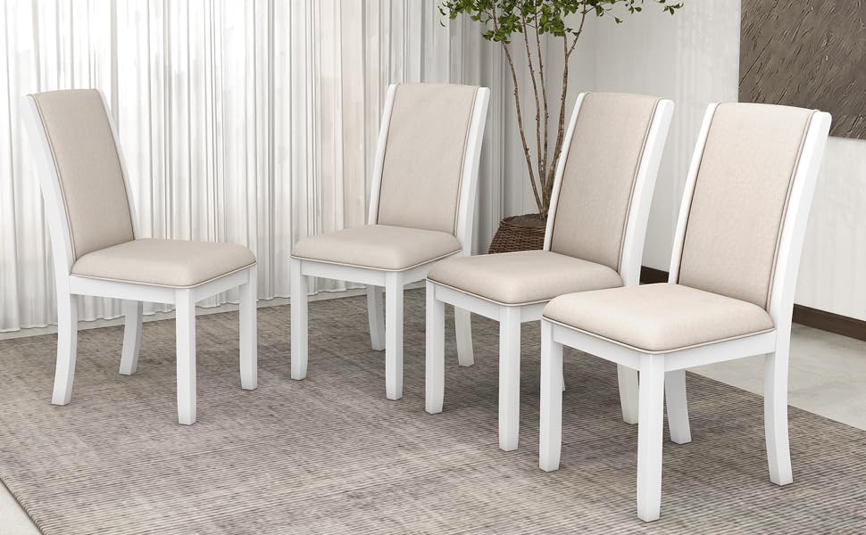 Tiophome Set of 4, Full Back Set with Upholstered, Farmhouse Dining Chairs with Solid Wood Frame and Legs,White+Cushion Beige
