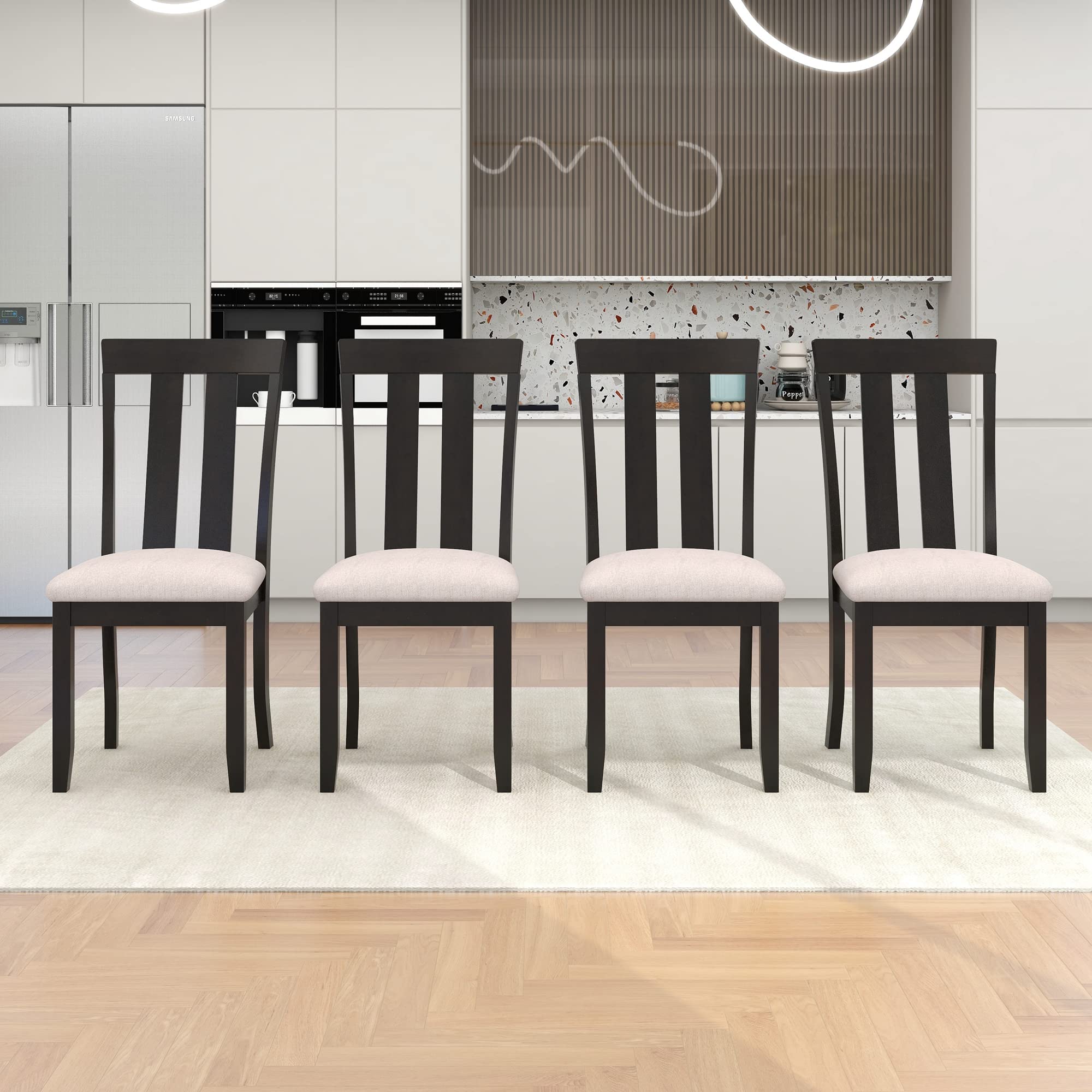 Penifun Set of 4 Seat Cushions and Curved Back, Soft Fabric Chairs with Solid Wood Legs for Indoor Dining Room, Restaurant, Kitchen, Veneer Birch Finish (Espresso)