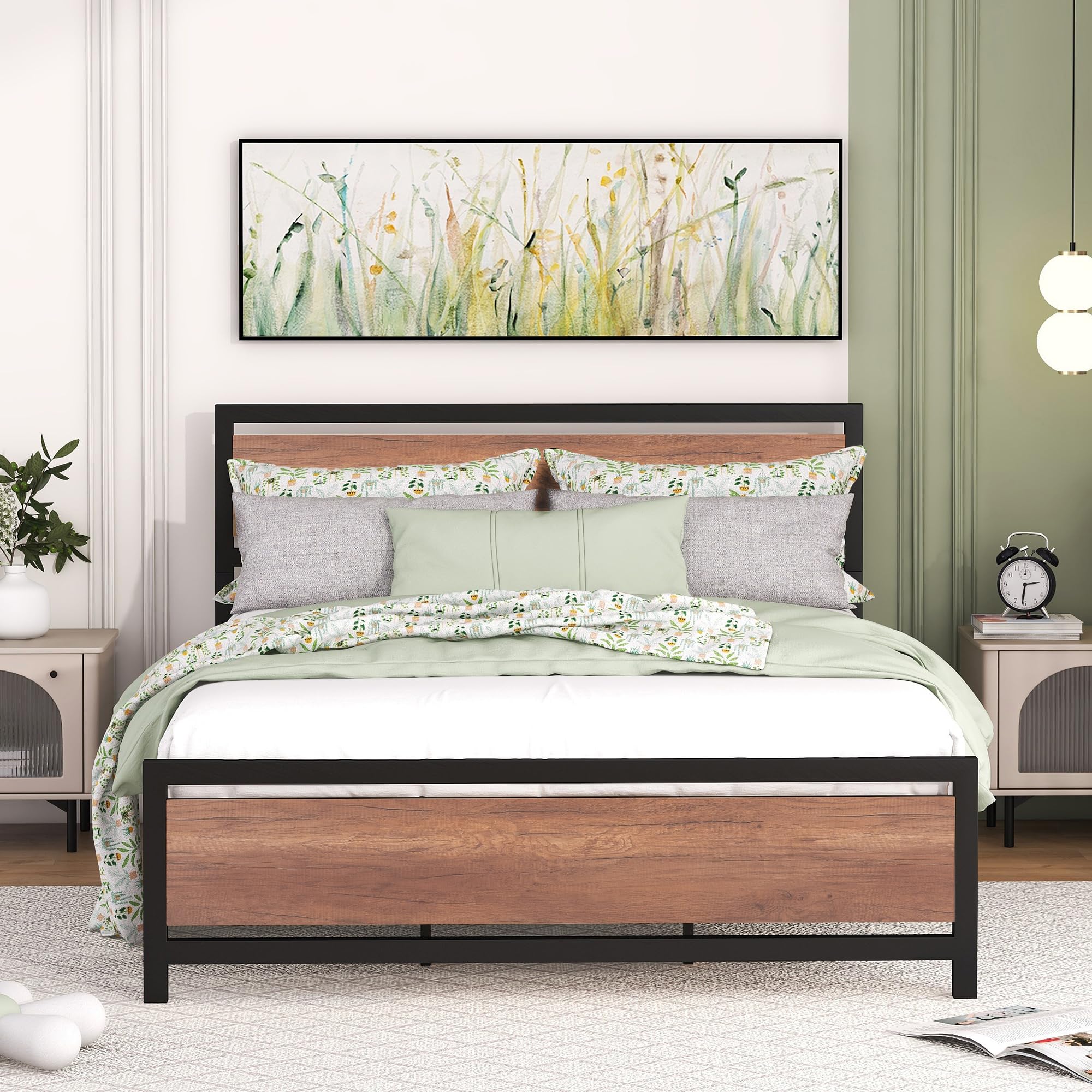 FANYHOME Queen Size Platform Bed, Metal and Wood Bed Frame with Headboard and Footboard, Black