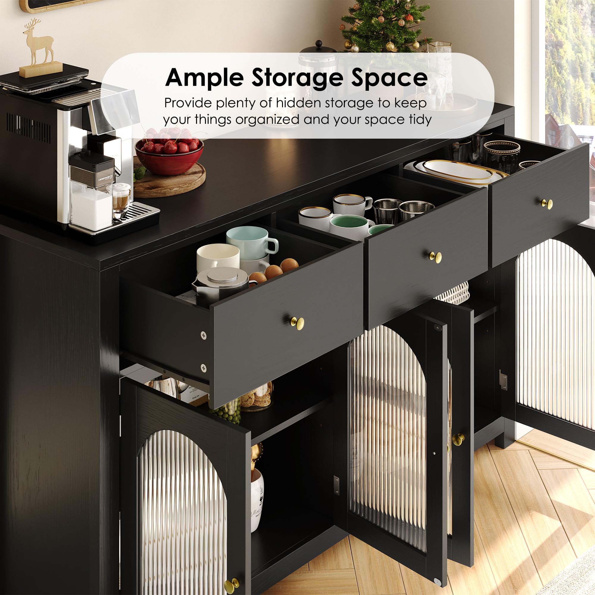 FINETONES Buffet Cabinet with Storage, 55.1" Large Sideboard Buffet Farmhouse Kitchen Cabinet with 3 Drawers and 4 Doors, Wood Coffee Bar for Kitchen, Black