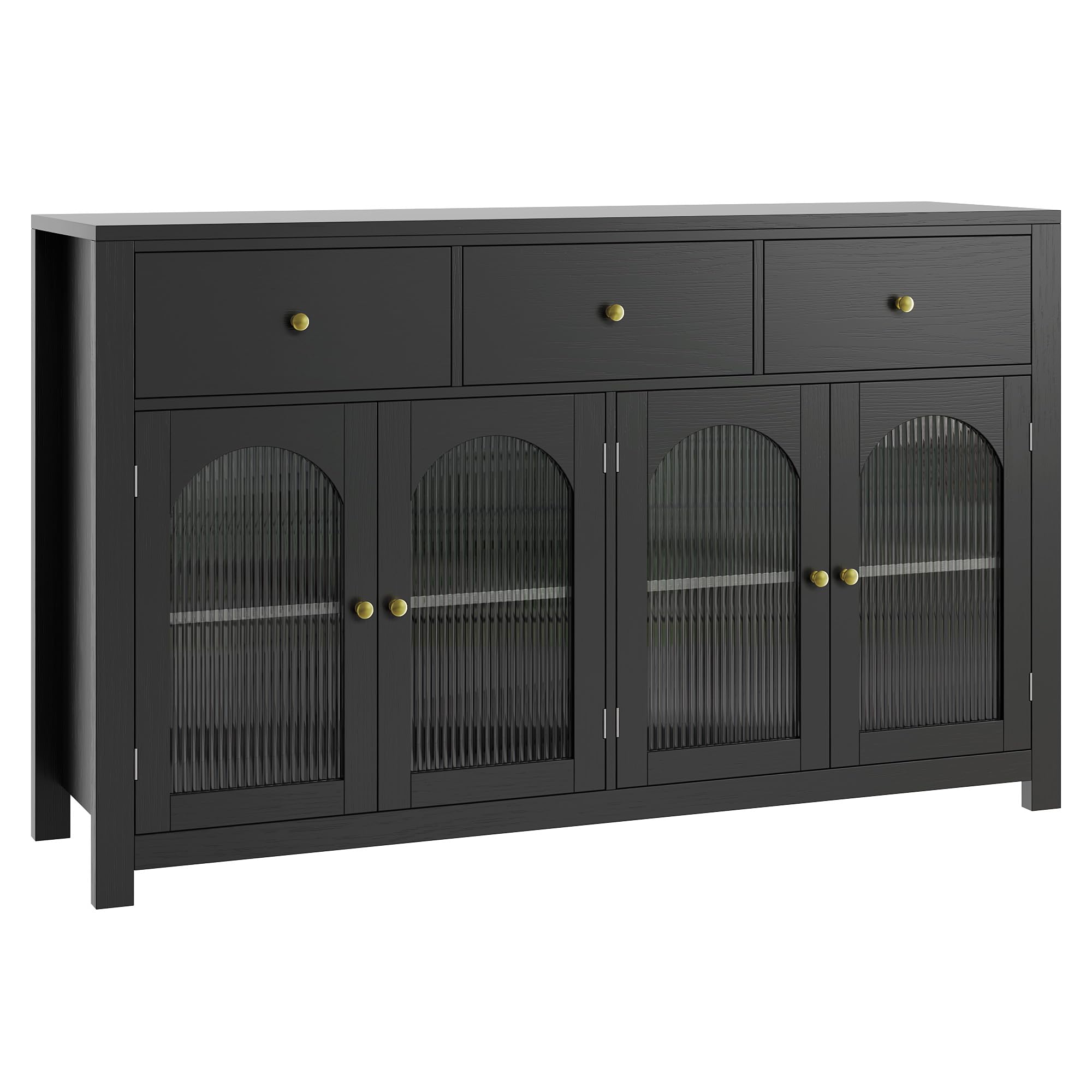 FINETONES Buffet Cabinet with Storage, 55.1" Large Sideboard Buffet Farmhouse Kitchen Cabinet with 3 Drawers and 4 Doors, Wood Coffee Bar for Kitchen, Black