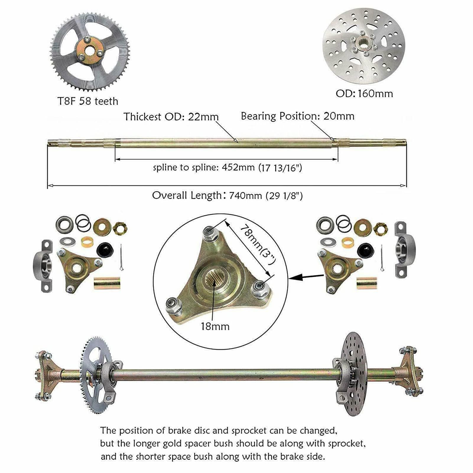 YC Yier 29" Go Kart Rear Axle Kit +Front End Steering Shaft Assembly+ Brake + 4.10-6" Wheels Tires +60V 2500W Brushless Electric Motor Kit for Go Kart ATV Quad Buggy Drift Trike 4 Wheeler