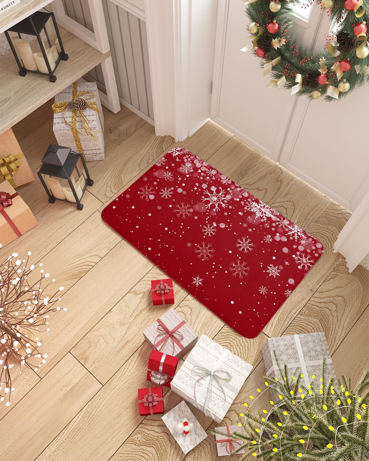 Christmas Bath Rugs White Snowflake Sponge Doormat Absorbent Non Slip Backing Durable Soft Flannel Mat Red Christmas Memory Foam Mats Carpet for Bathroom Kitchen, 18 x 30 inch