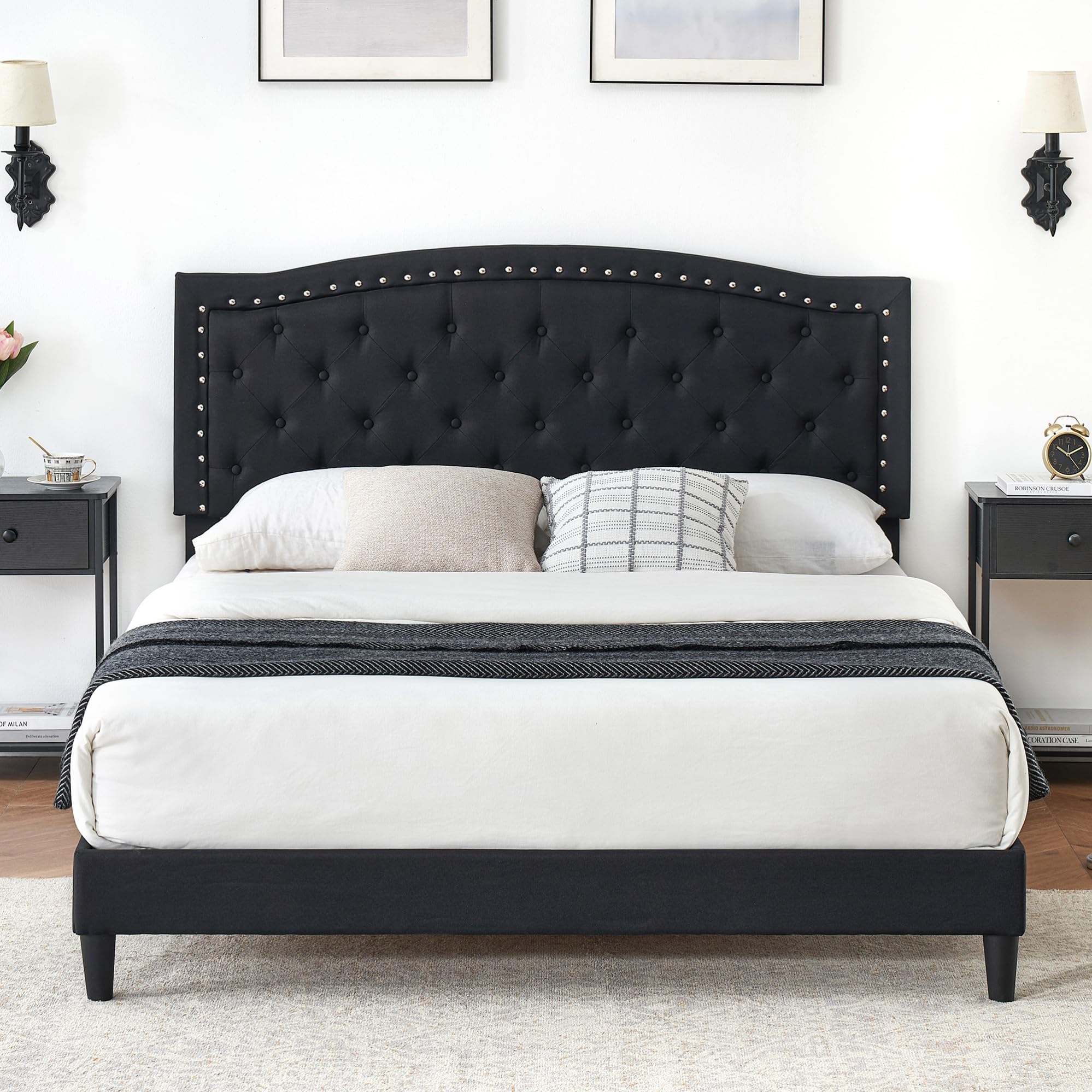IDEALHOUSE Full Bed Frame with Button Tufted Headboard, Fabric Upholstered Platform Full Size Bed Frame with Adjustable Headboard, High Resilience Sponge Design, No Box Spring Needed (Black, Full)