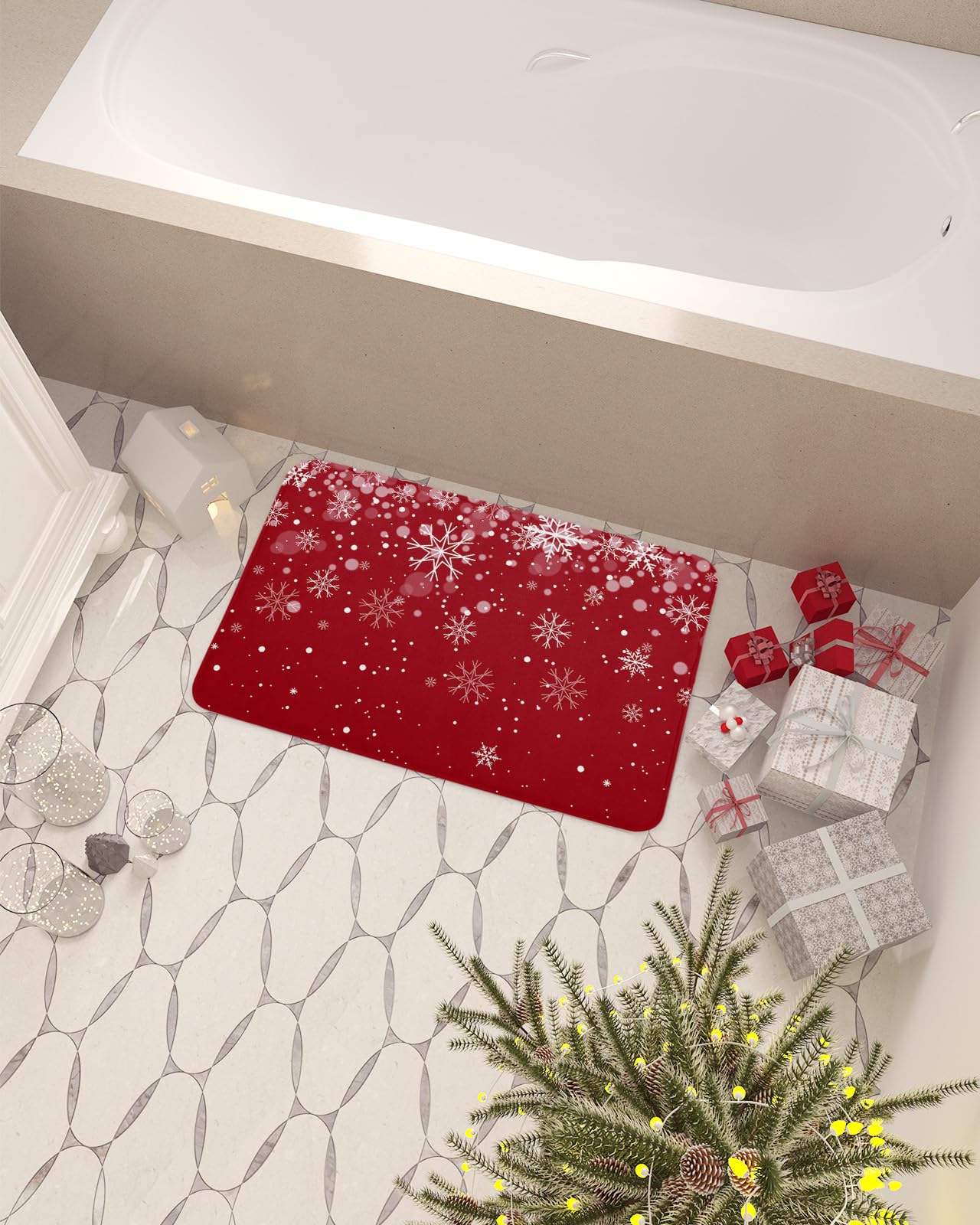 Christmas Bath Rugs White Snowflake Sponge Doormat Absorbent Non Slip Backing Durable Soft Flannel Mat Red Christmas Memory Foam Mats Carpet for Bathroom Kitchen, 18 x 30 inch
