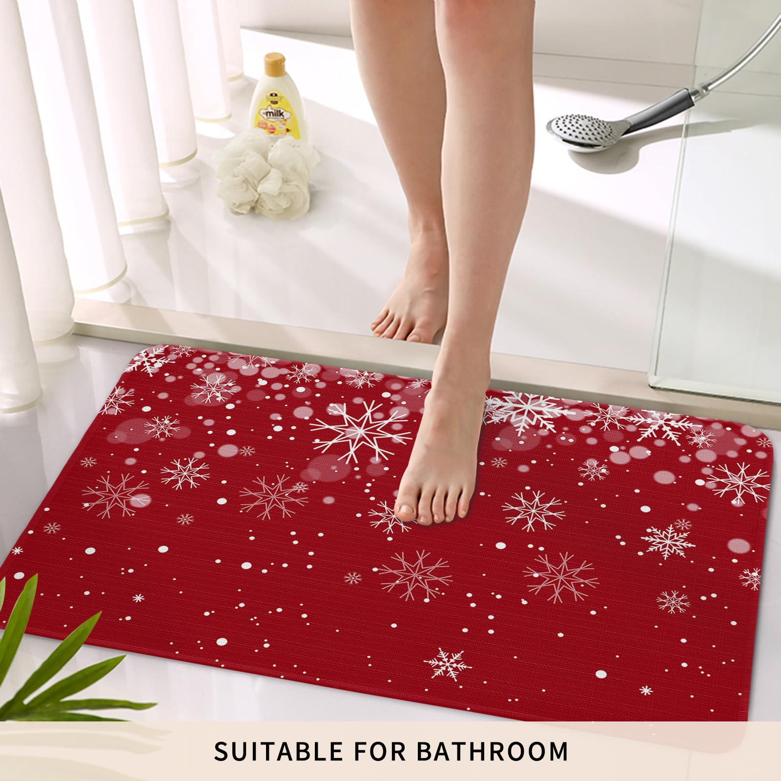 Christmas Bath Rugs White Snowflake Sponge Doormat Absorbent Non Slip Backing Durable Soft Flannel Mat Red Christmas Memory Foam Mats Carpet for Bathroom Kitchen, 18 x 30 inch