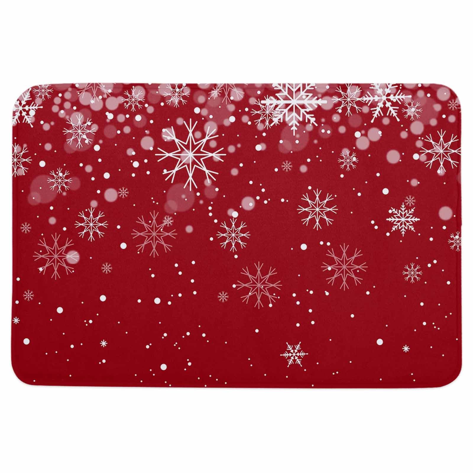 Christmas Bath Rugs White Snowflake Sponge Doormat Absorbent Non Slip Backing Durable Soft Flannel Mat Red Christmas Memory Foam Mats Carpet for Bathroom Kitchen, 18 x 30 inch
