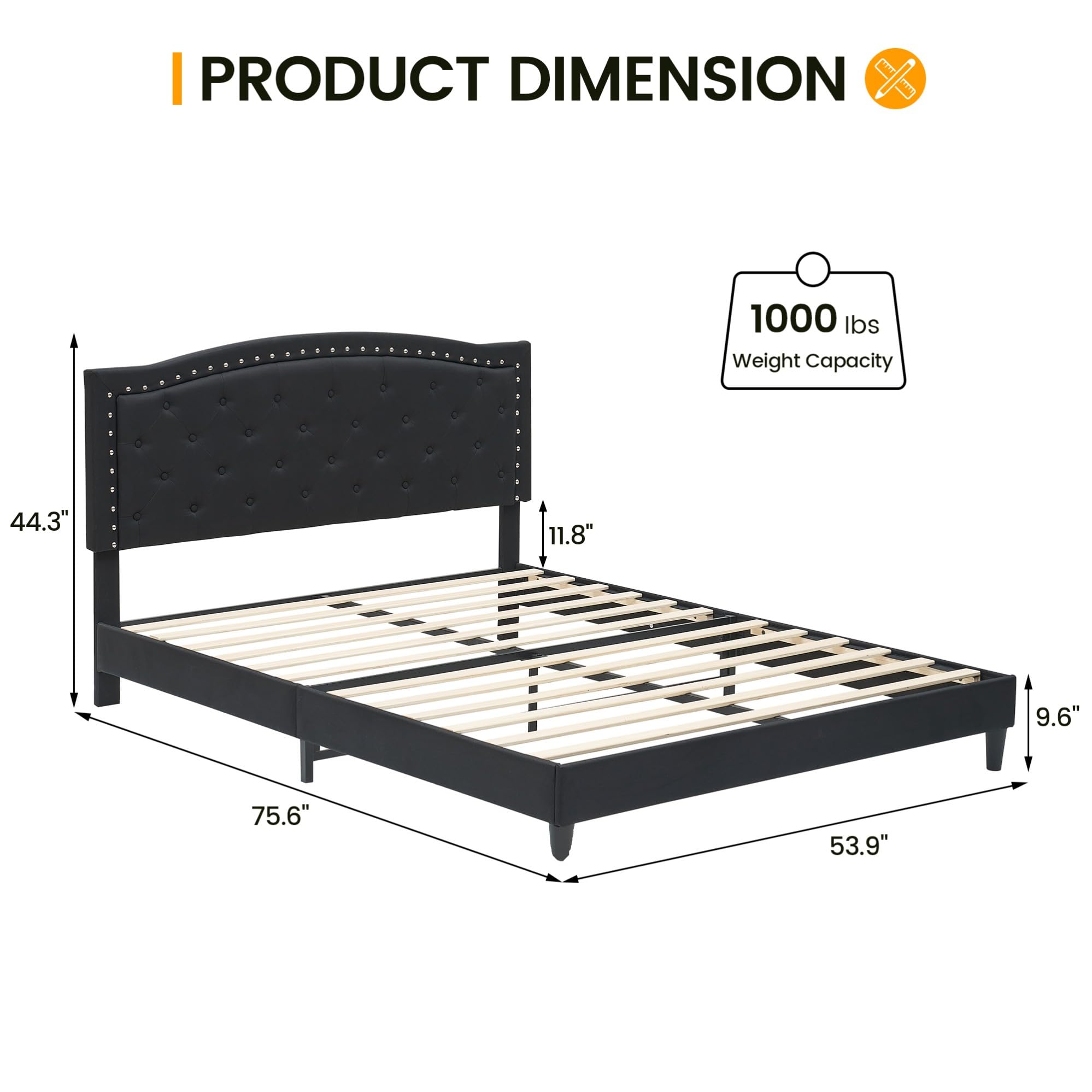IDEALHOUSE Full Bed Frame with Button Tufted Headboard, Fabric Upholstered Platform Full Size Bed Frame with Adjustable Headboard, High Resilience Sponge Design, No Box Spring Needed (Black, Full)
