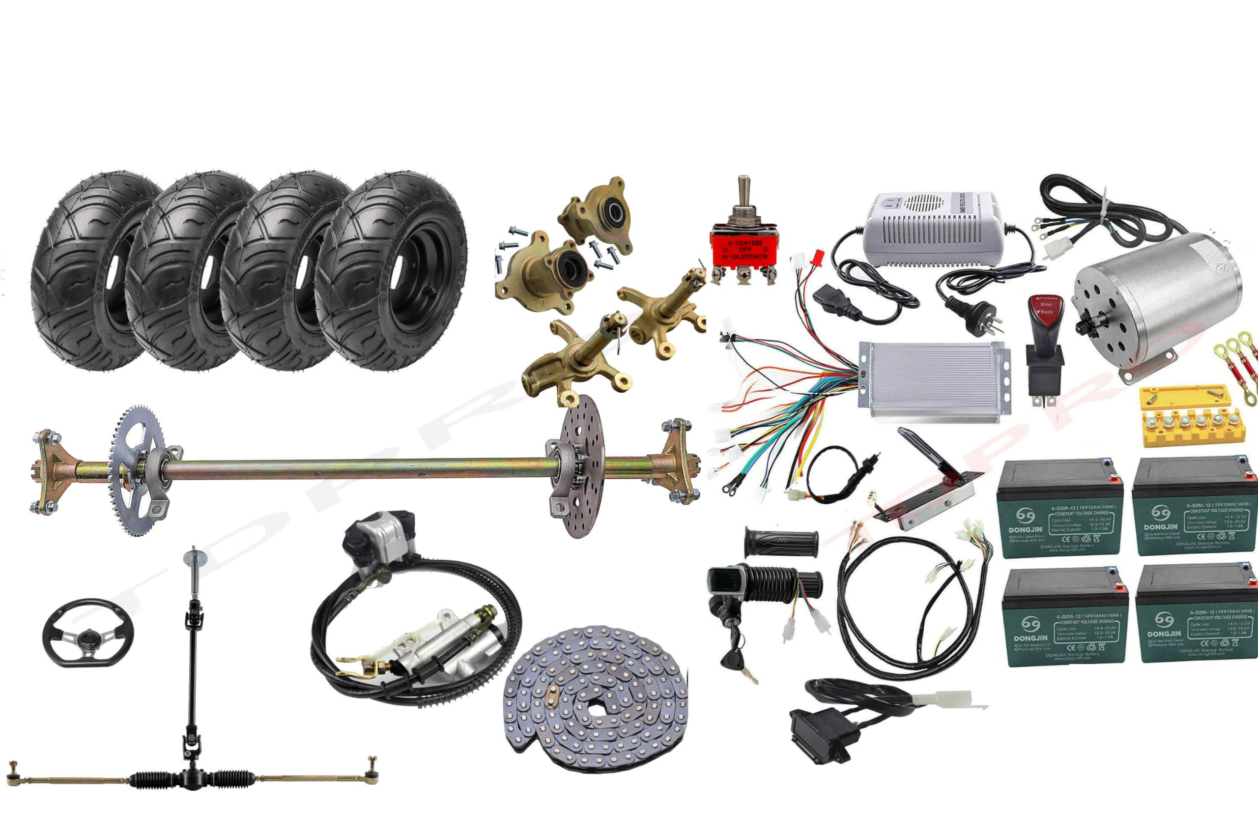 YC Yier 29" Go Kart Rear Axle Kit +Front End Steering Shaft Assembly+ Brake + 13x5.00-6" Wheels Tires +48V 1800W Brushless Electric Motor Kit + Battery for Go Kart ATV Quad Buggy Drift Trike 4 Wheeler
