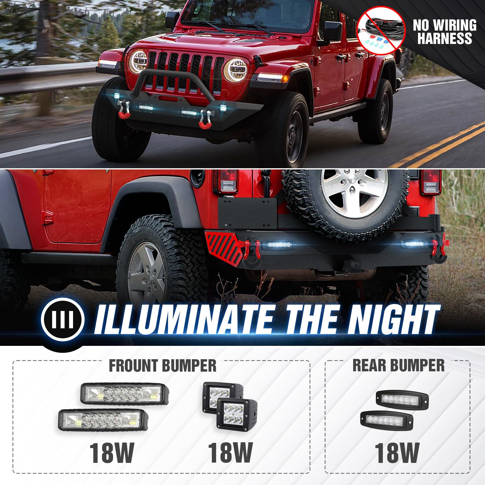 OBNAUX Front & Rear Bumper with Spare Tire Carrier Compatible with 2007-2018 Jeep Wrangler JK JKU Unlimited w/Winch Plate, Paintable Armor, 2" Hitch Receiver & D-rings (2/4 Doors, Black)