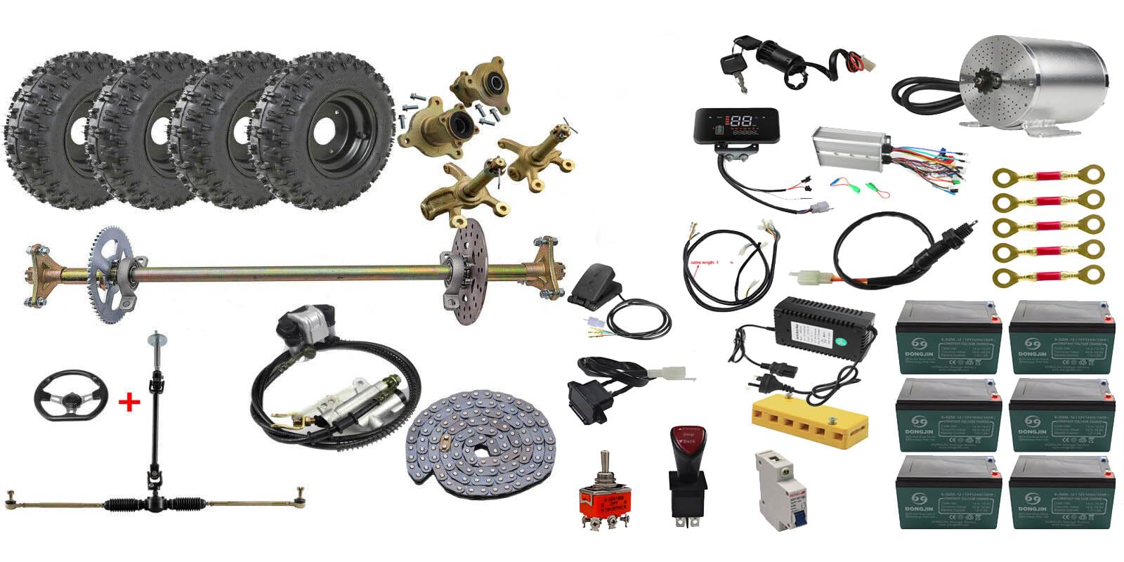 YC Yier 29" Go Kart Rear Axle Kit +Front End Steering Shaft Assembly+ Brake + 4.10-6" Wheels Tires +60V 2500W Brushless Electric Motor Kit + Battery for Go Kart ATV Quad Buggy Drift Trike 4 Wheeler