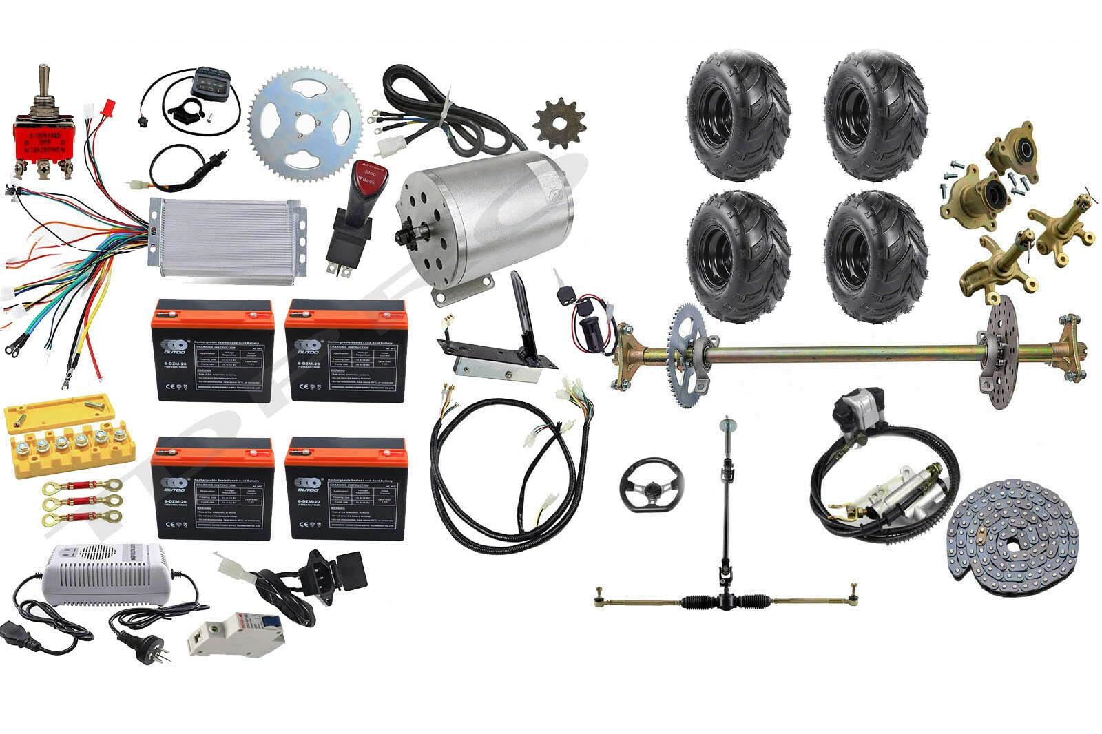 YC Yier 29" Go Kart Rear Axle Kit +Front Steering Shaft Assembly+ Brake + 145/70-6" Wheels Tires +48V 1800W Brushless Electric Motor Kit + 24Ah Battery for Go Kart ATV Quad Buggy Drift Trike 4 Wheeler