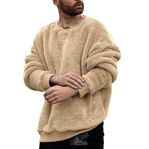 lisenraIn Men's Sherpa Hoodie Fuzzy Pullover Long Sleeve Kangaroo Pocket Hoodie Autumn Winter Hooded Sweatshirt (Khaki-no hood or pocket, XL)