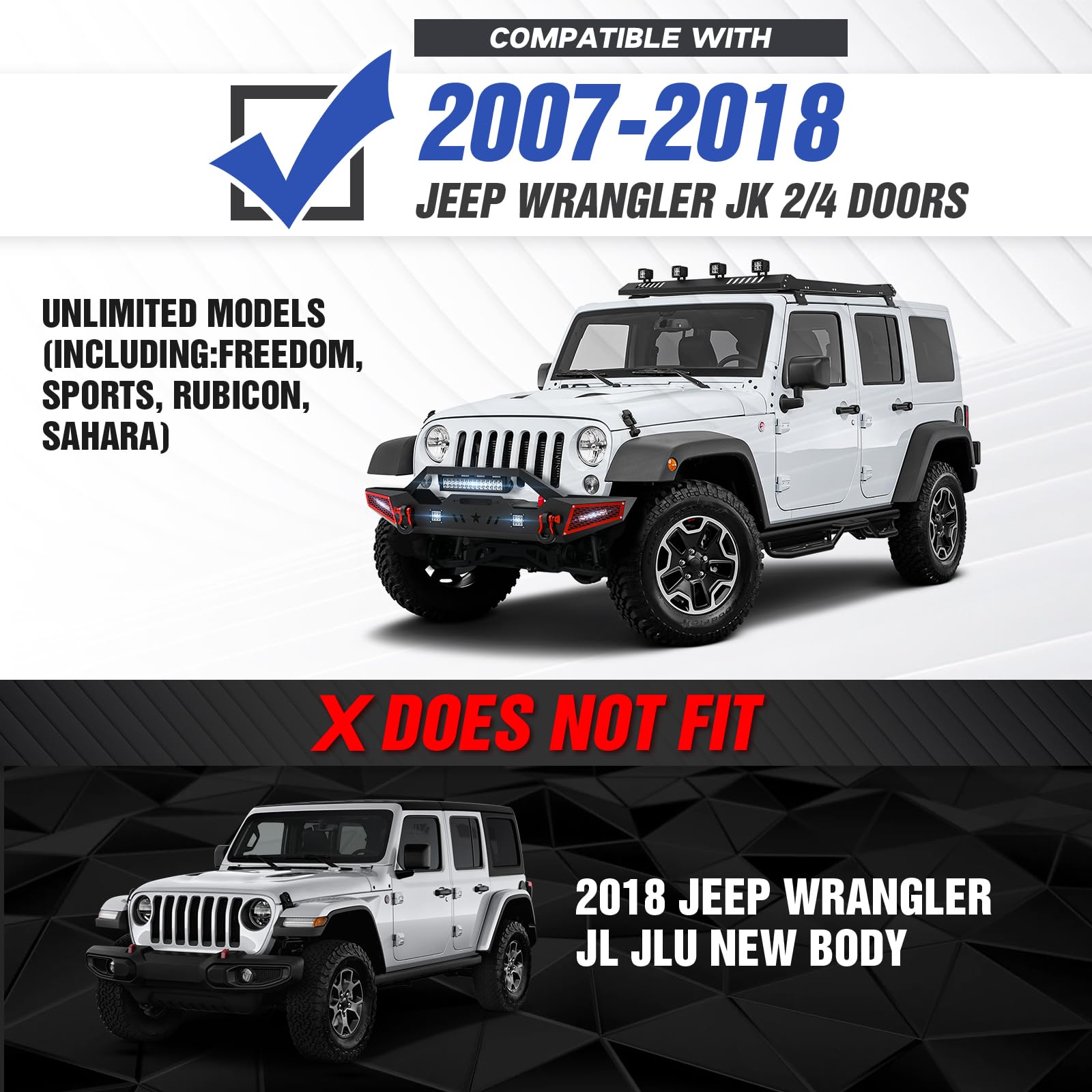 OBNAUX Front & Rear Bumpers w/Tire Carrier for 2007-2018 Jeep Wrangler JK JKU Unlimited w/Winch Plate, License Plate Bracket, Paintable Armor, OE Fog Light Holes, Hitch Receiver & D-rings